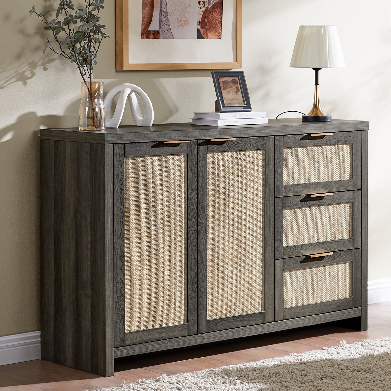 OAKHAM 3 Drawer Storage Cabinet with 2 Door, Rattan Sideboard Buffet ...