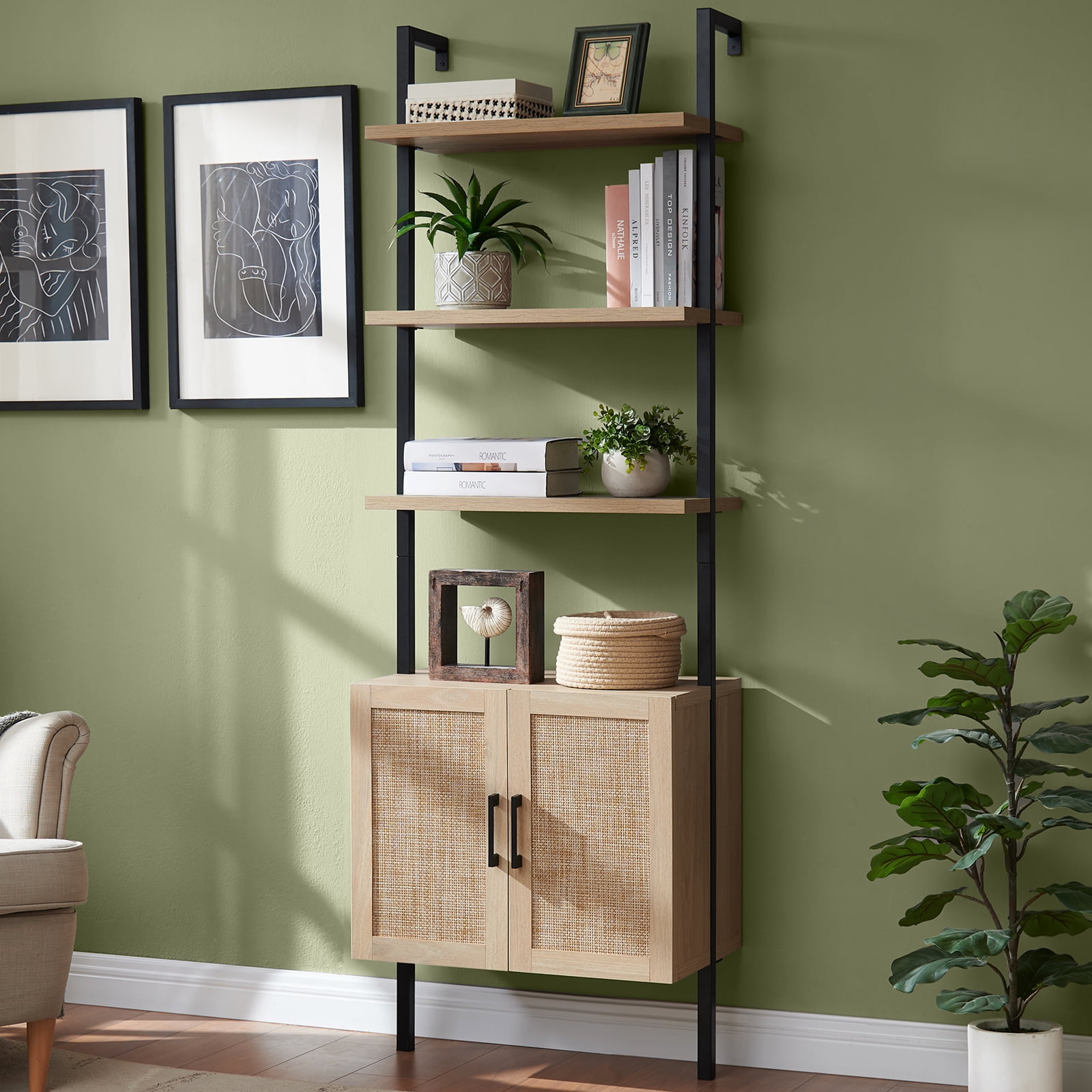 OAKHAM 5 Shelf Ladder Bookshelf with Rattan Cabinet, Wall Mounted ...