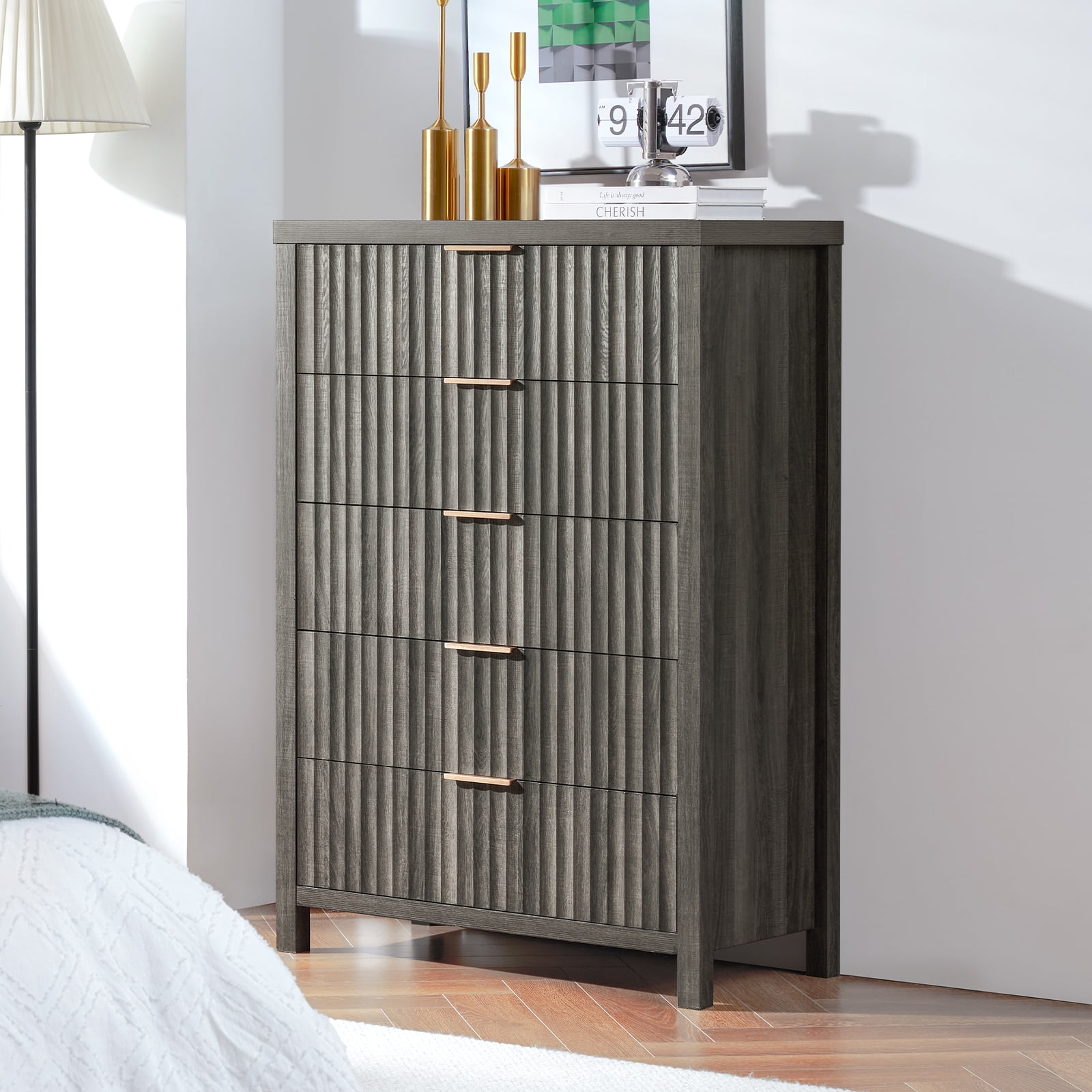 OAKHAM Tall 5 Drawer Dresser, Modern Fluted Design, Midnight Oak Finish ...