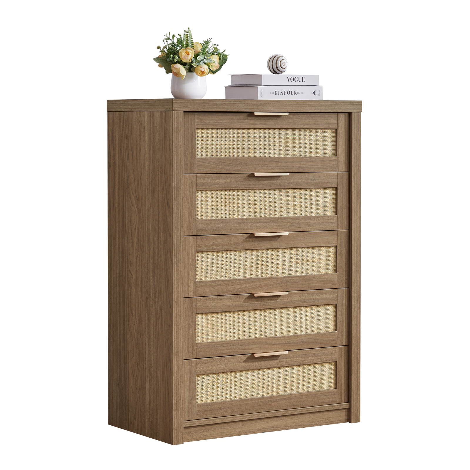 OAKHAM 5 Drawer Dresser, Rattan Wide Chest of Drawers for Bedroom ...