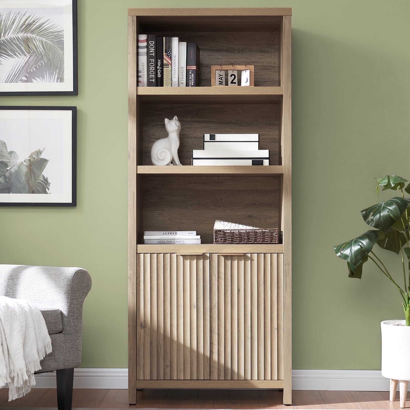 OAKHAM 5-Shelf Bookcase with Doors, 71" Tall Wooden Bookcases with ...