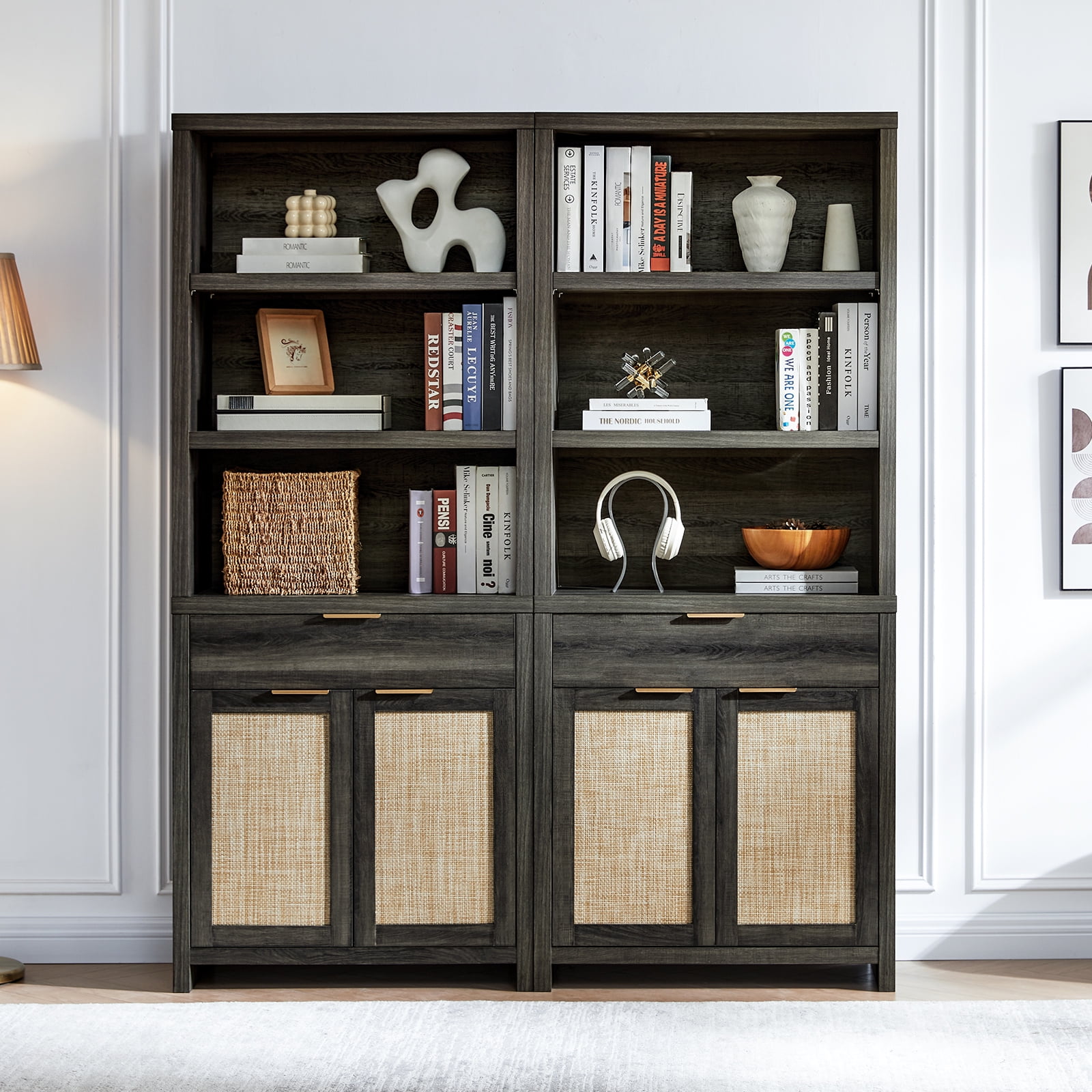 OAKHAM 5 Shelf Bookcase Set of 2 , 73" Tall Rattan Bookshelf with Doors ...