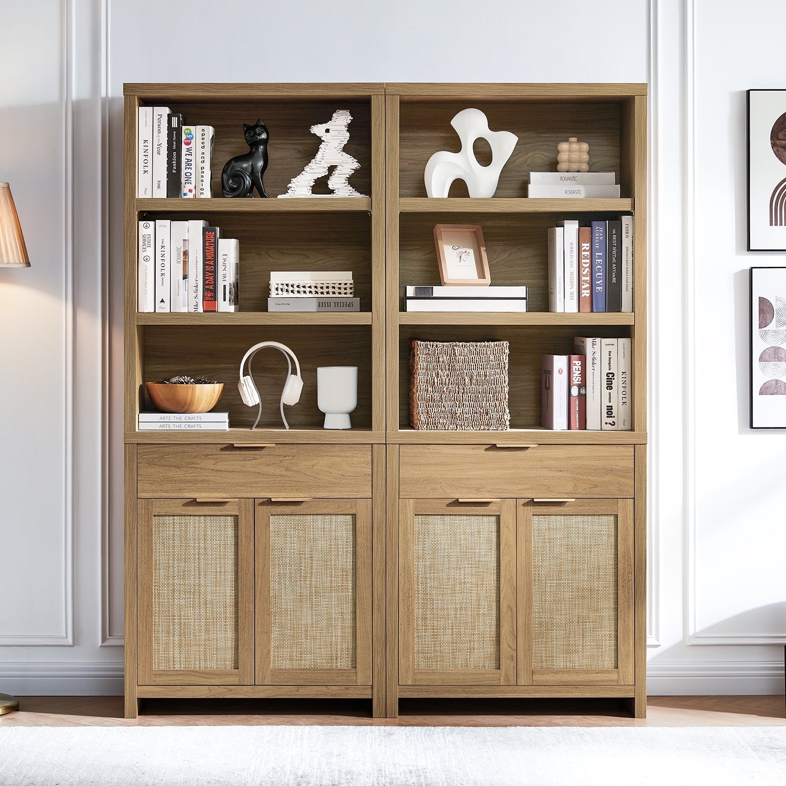 OAKHAM 5 Shelf Bookcase Set of 2 , 73" Tall Rattan Bookshelf with Doors ...