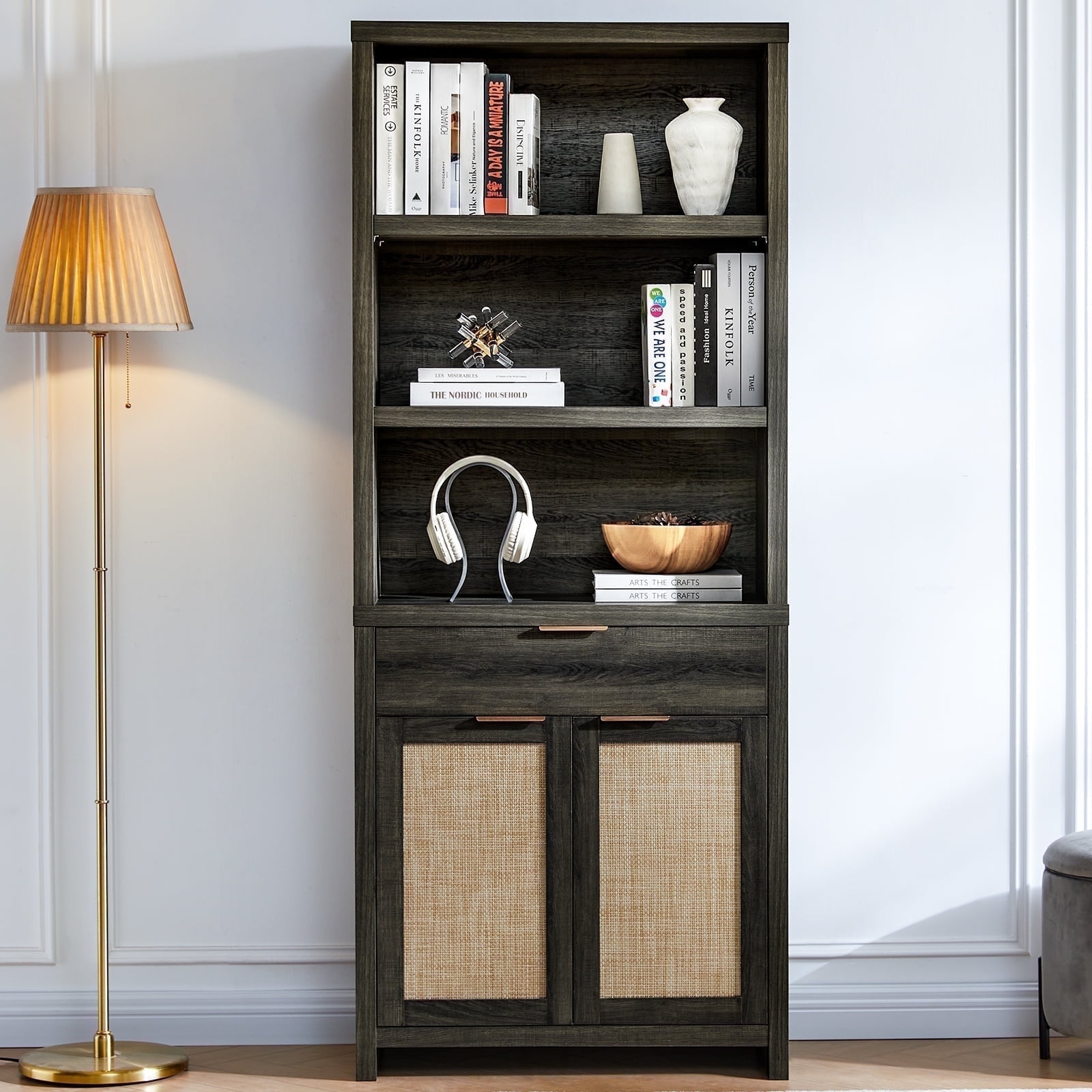 OAKHAM 5 Shelf Bookcase with Doors, 73" Tall Rattan Bookshelf with ...