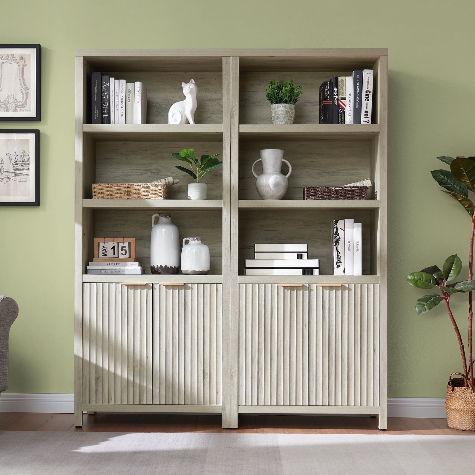 OAKHAM Gray Oak 5-Shelf Bookcase Set with Fluted Doors Cabinet ...