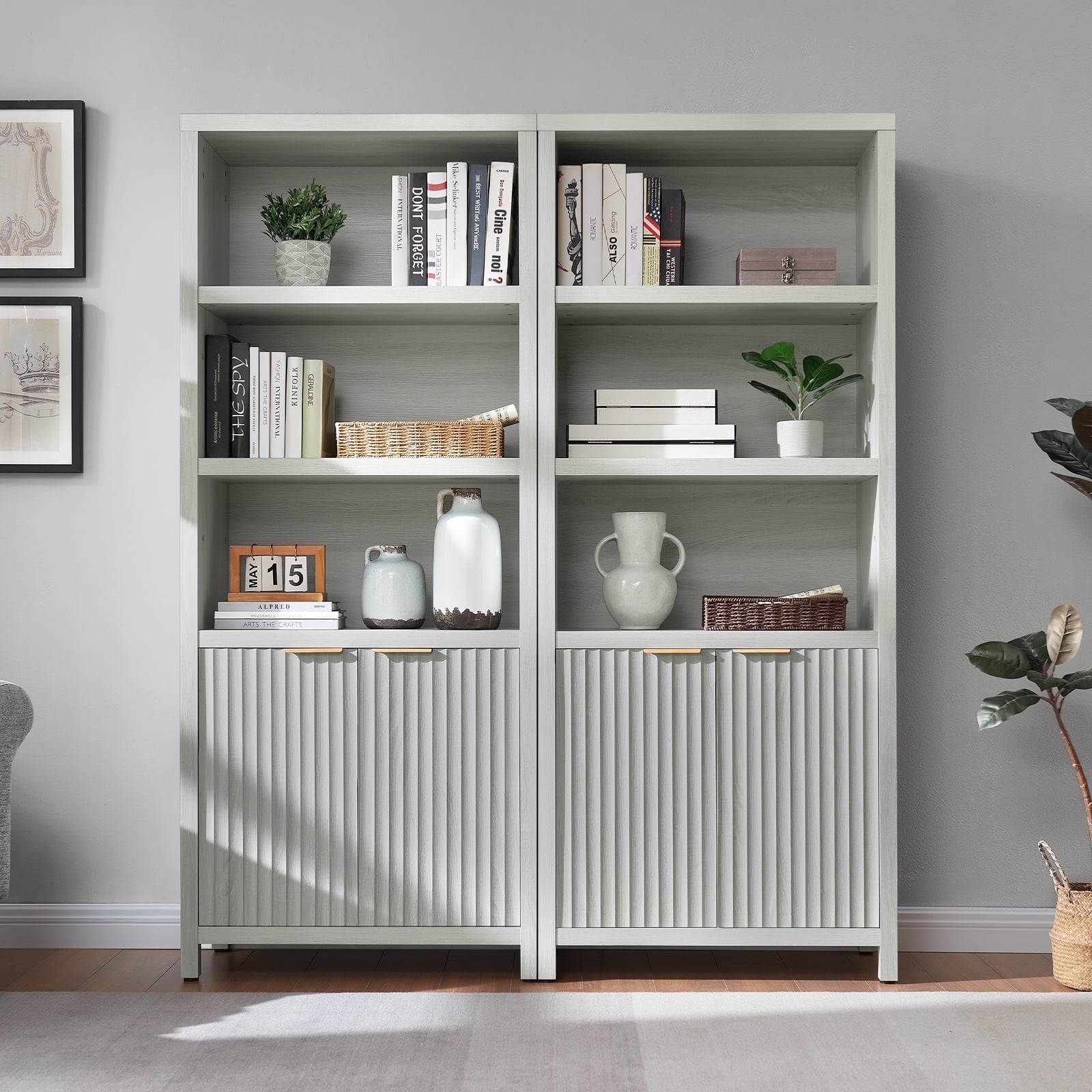 OAKHAM 5 Shelf Bookcases Set of 2, Tall Bookshelf with Doors Cabinets ...