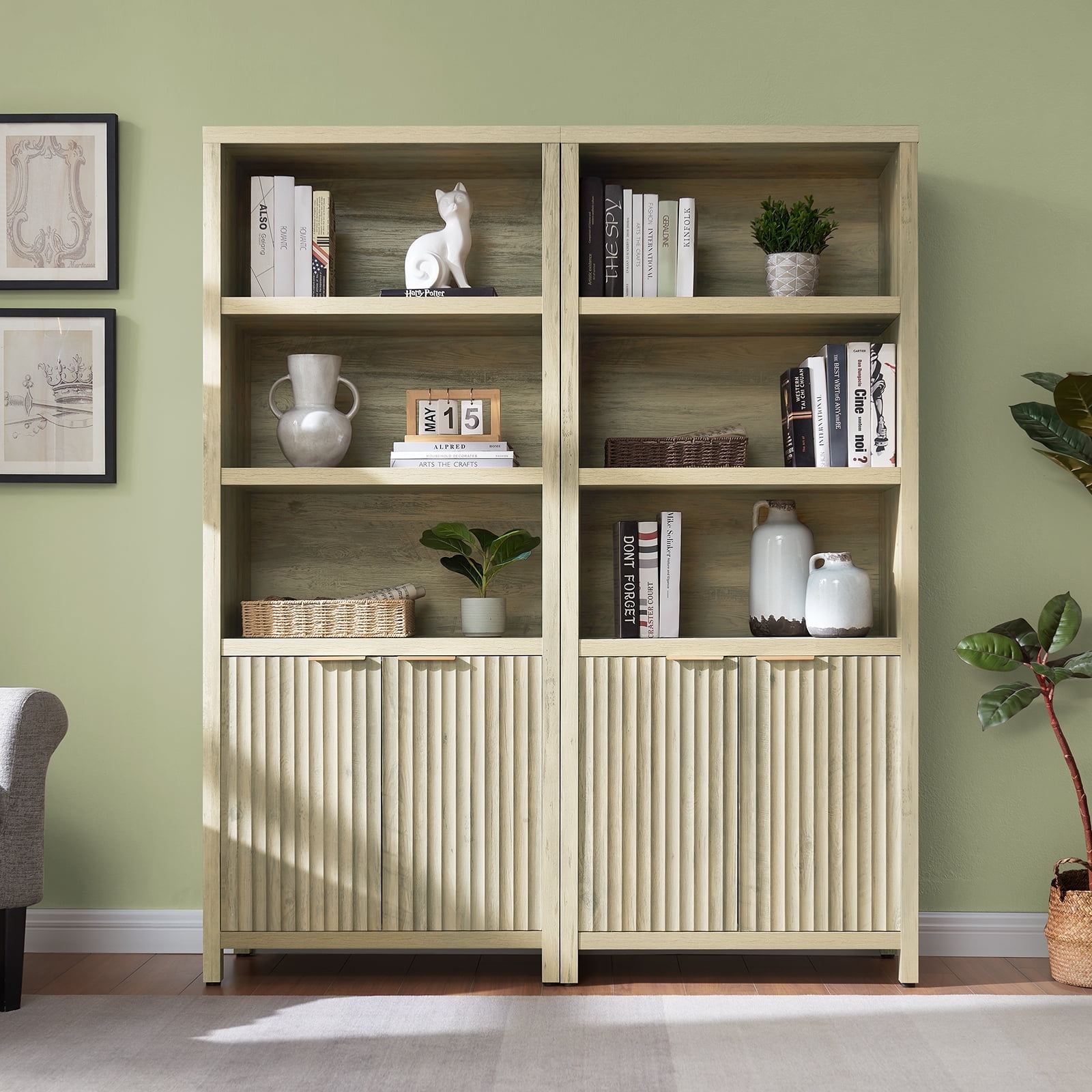 OAKHAM 5 Shelf Bookcases Set of 2, Tall Bookshelf with Doors Cabinets ...