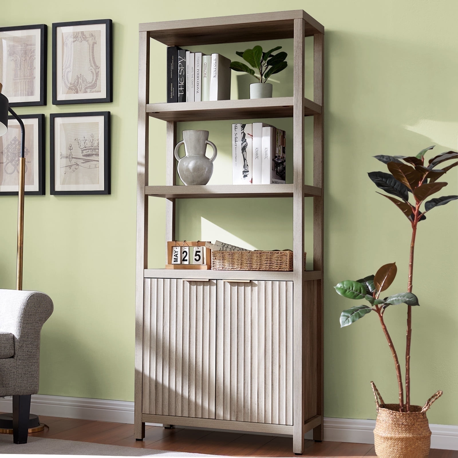 OAKHAM Office Bookcase, 5-Shelf Tall Bookshelf with Fluted Doors and ...
