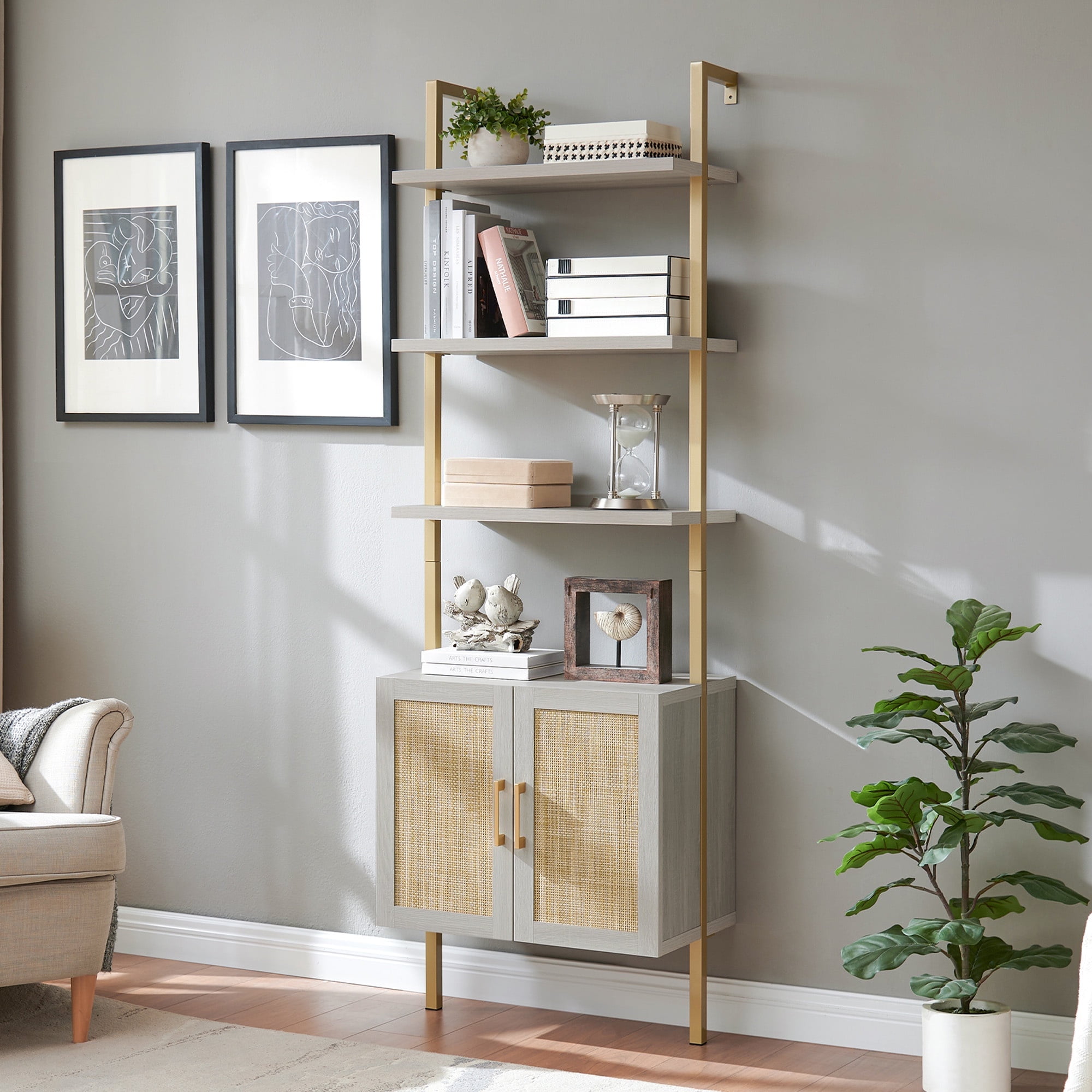 OAKHAM 5-Shelf Ladder Bookshelf with Rattan Cabinet, Kosovo | Ubuy