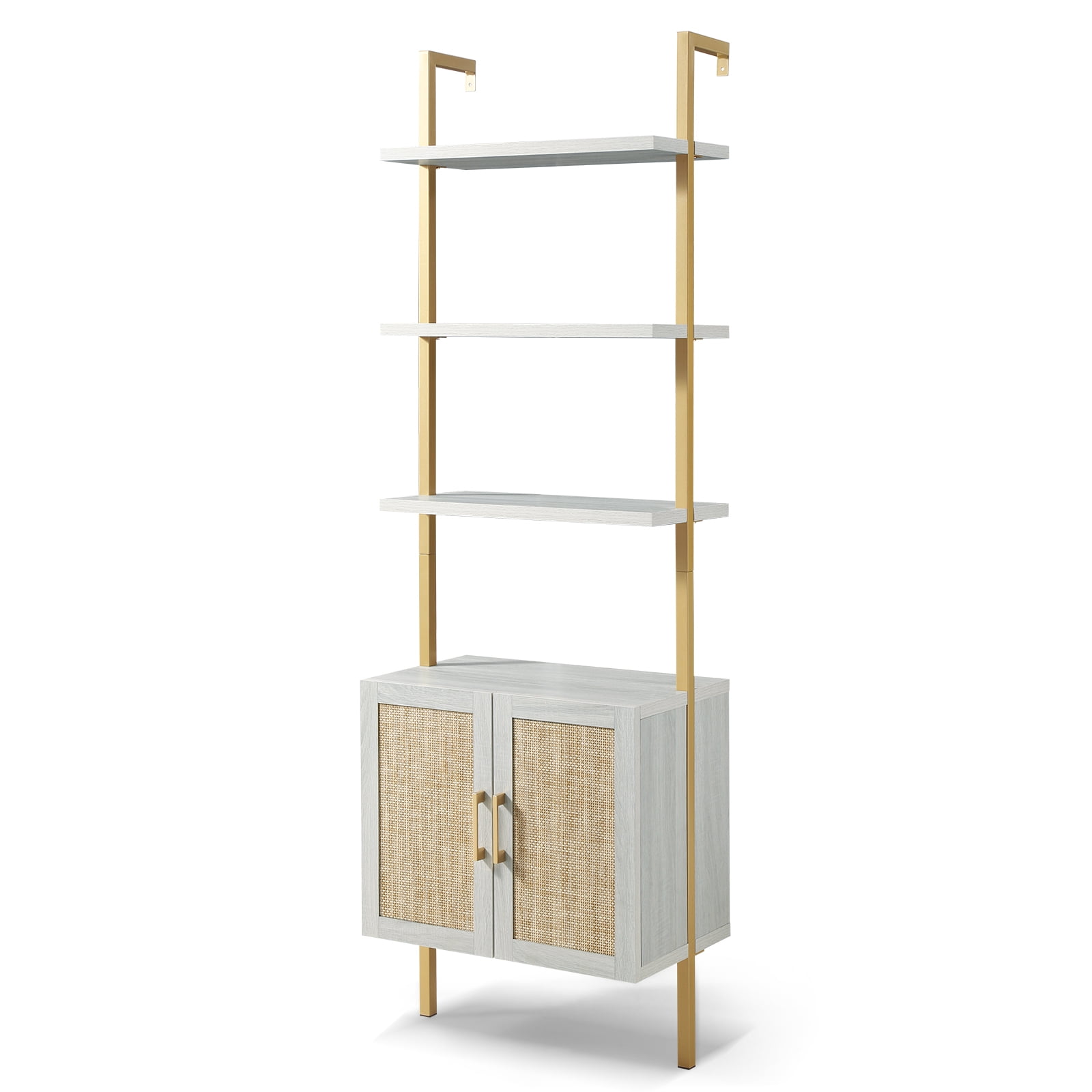 OAKHAM 5-Shelf Ladder Bookshelf with Rattan Cabinet, Wall Mounted ...