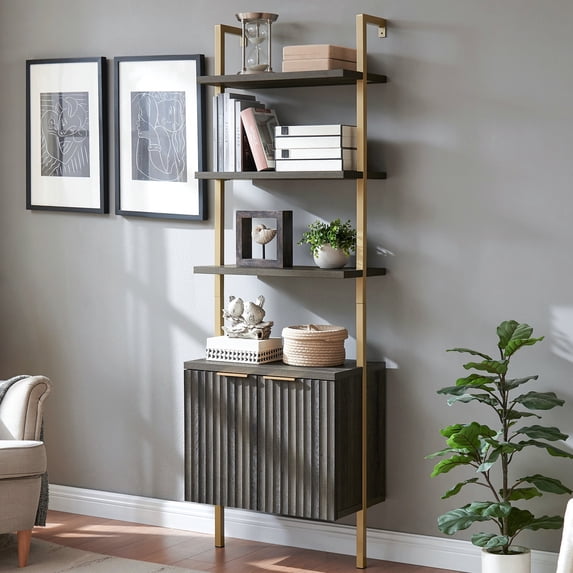 OAKHAM 5 Tier Bookcase, Wall Mount Ladder Shelf with Rattan Cabinet ...