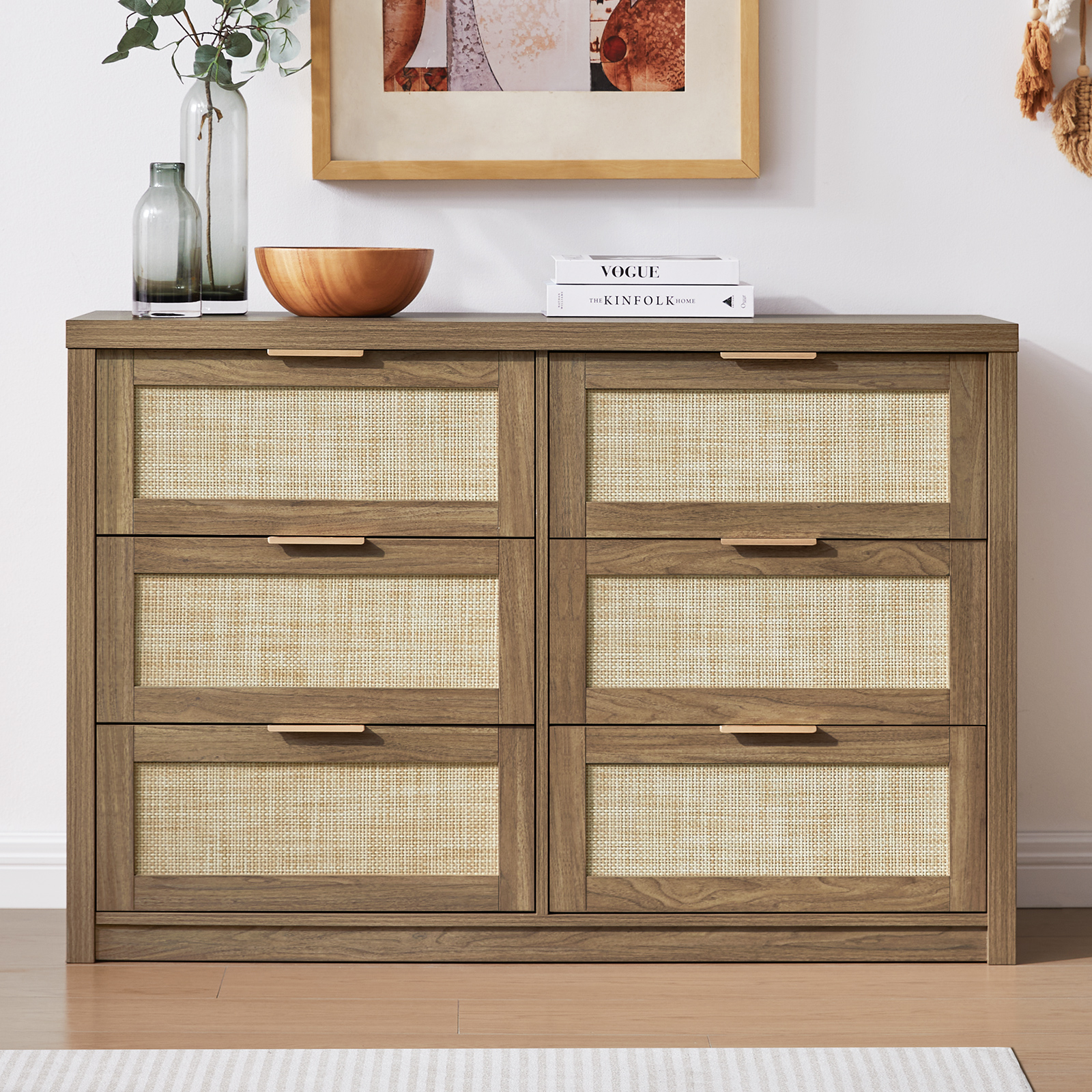 OAKHAM 6 Drawer Dresser, Rattan Wide Chest of Drawers for Bedroom ...