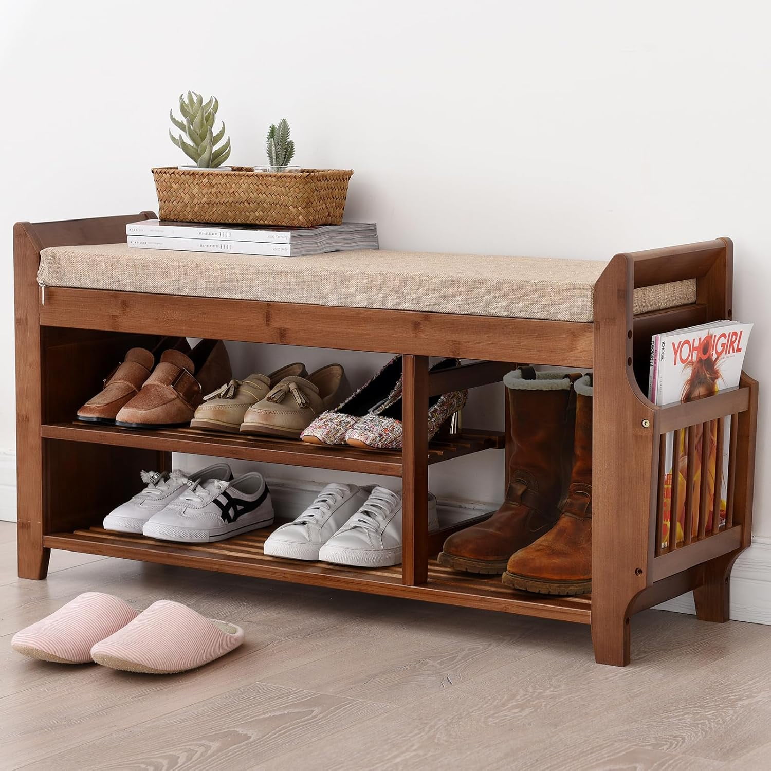 OAKHAM Bamboo Entryway Shoe Storage Bench, Entry Bench with Hidden ...