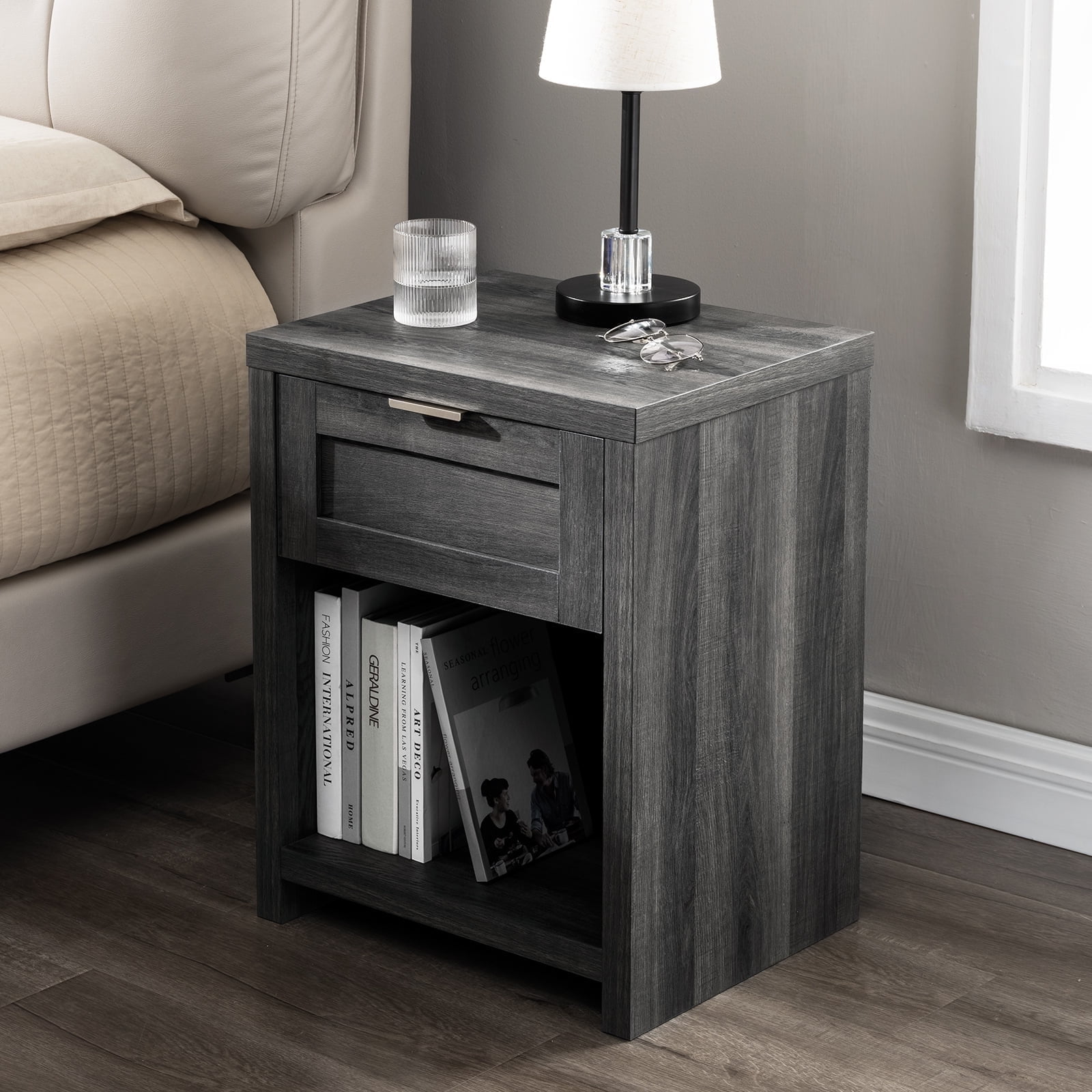 OAKHAM Farmhouse Nightstand, Boho End Table with Drawer and Open Shelf ...