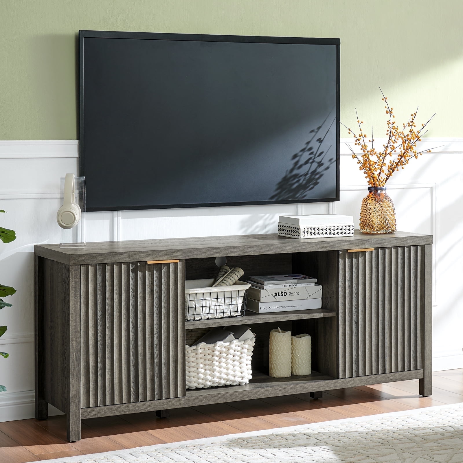 Low Profile Fluted TV Stand - Mid Century Media Console - Living Room Furniture (Walnut Finish ...