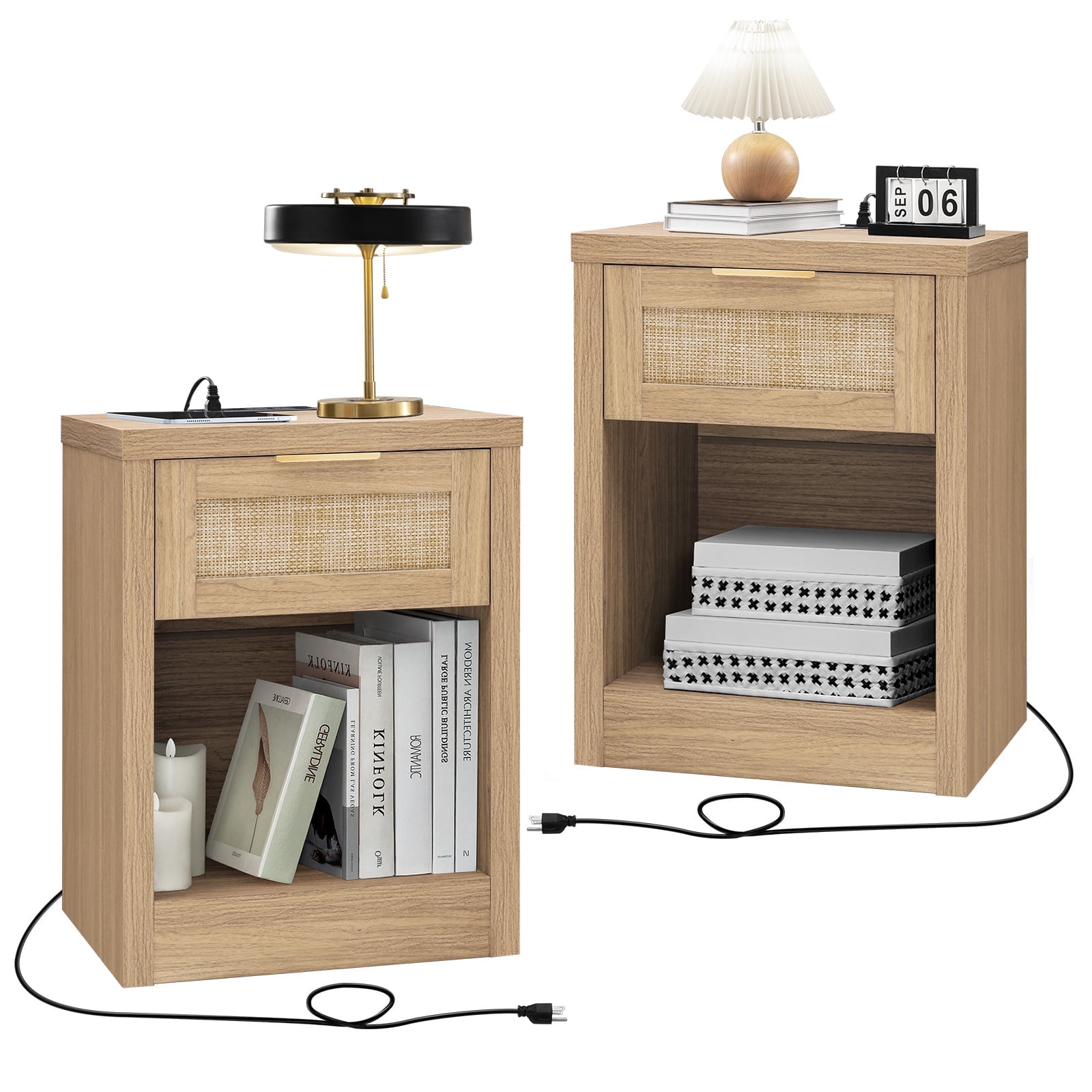 South Shore Fynn Nightstand with Drawers and Cord Catcher, Winter Oak ...