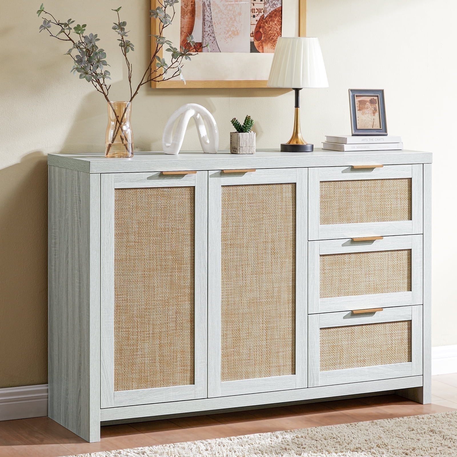 OAKHAM 3-Drawer Cabinet with 2 Rattan Doors, Boho Sideboard for Living ...