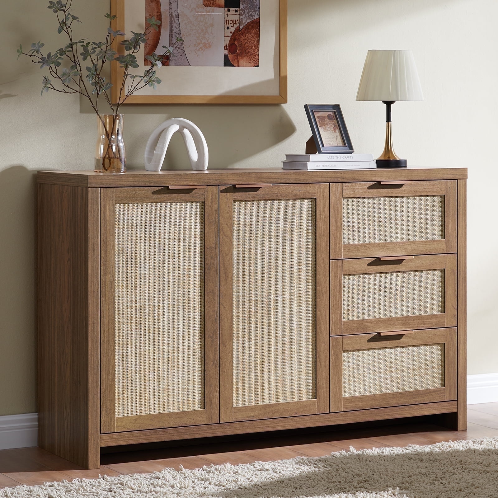 OAKHAM Modern Wood 3-Drawer Storage Cabinet, 2-Door Rattan Sideboard ...