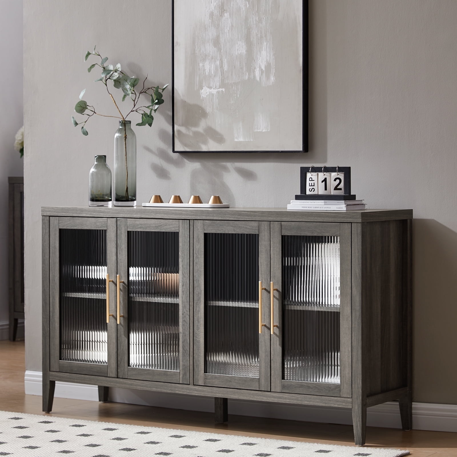 OAKHAM FreeStanding Credenza, 4 Glass Doors, Adjustable Storage Buffet ...