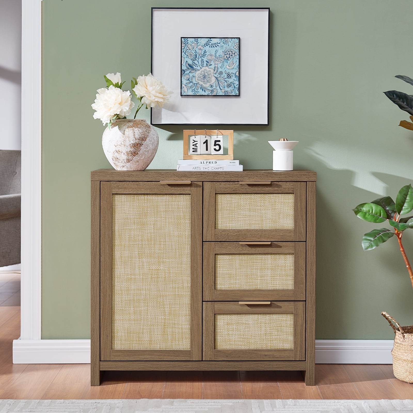 OAKHAM Boho Wood Sideboard Buffet, Rattan 3 Drawer, Entryway Foyer ...