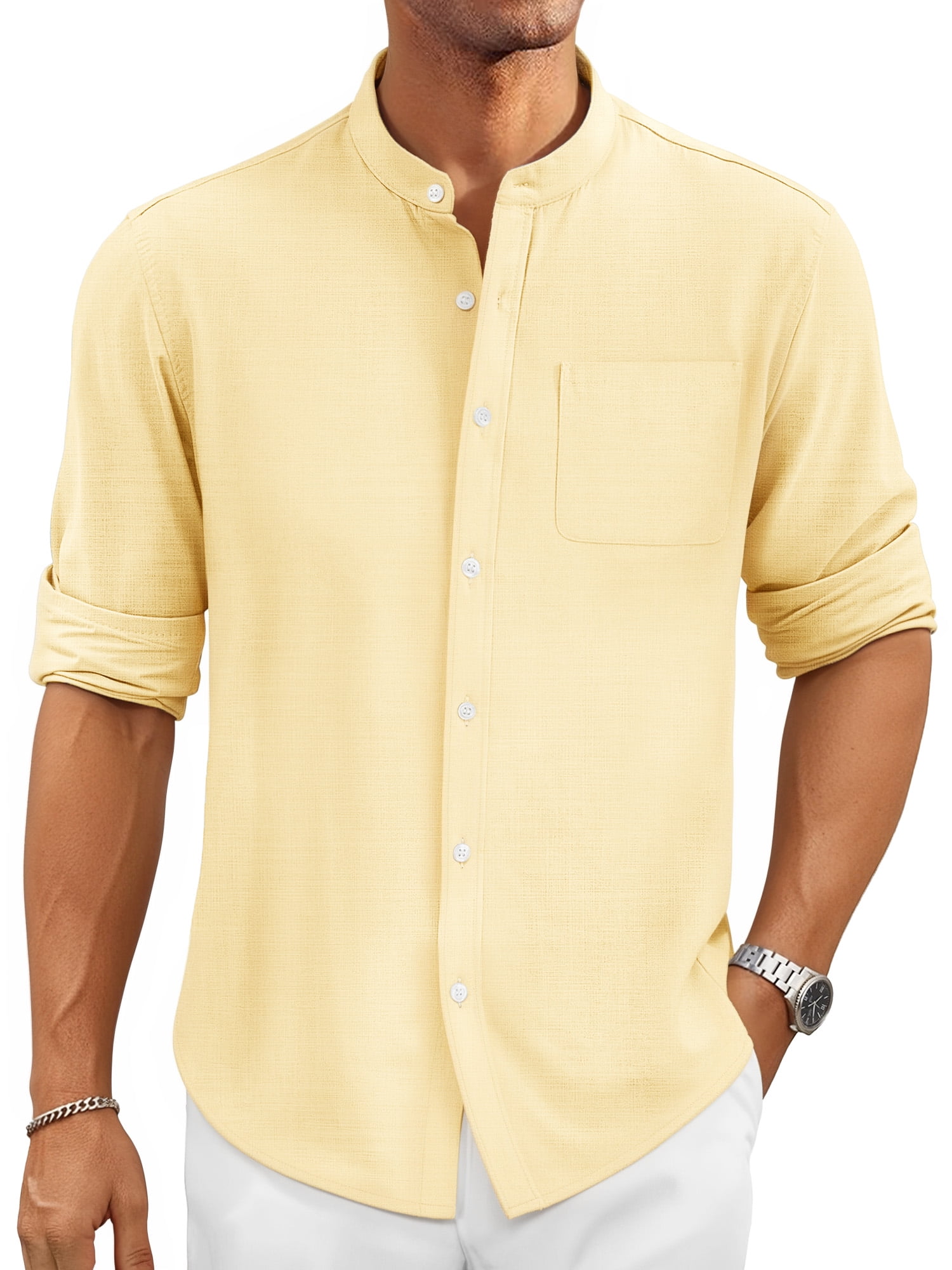 OALUXE Men's Linen Shirts Long Sleeve Button Down Shirt Band Collar ...