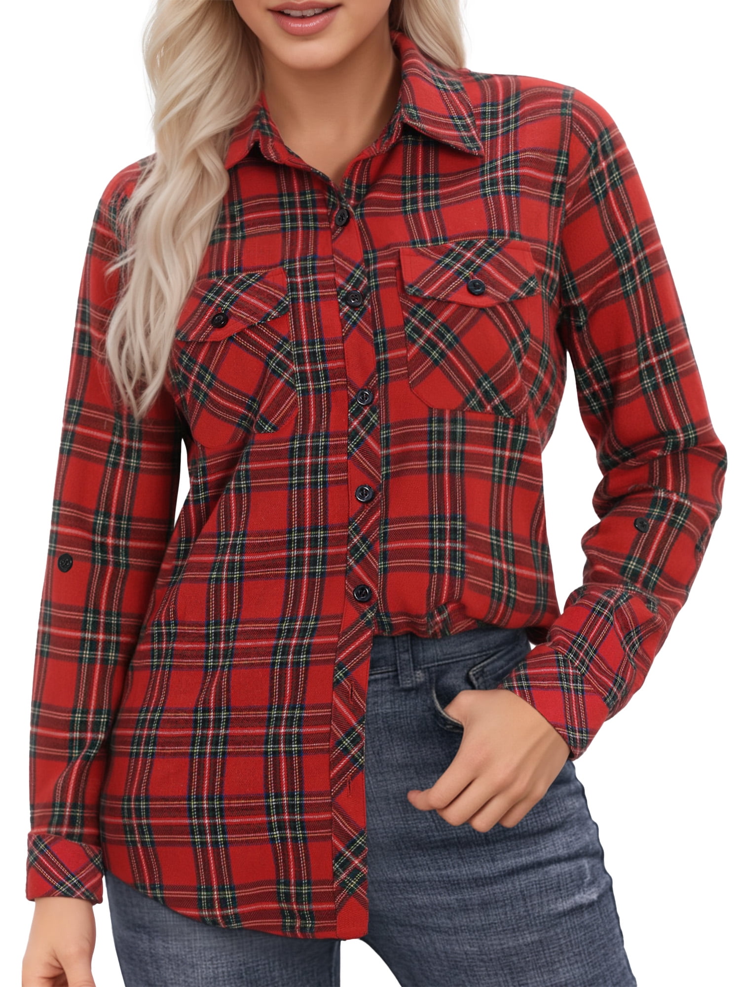 OALUXE Plaid Shirts for Women Roll Up Long Sleeve Casual Button Down ...