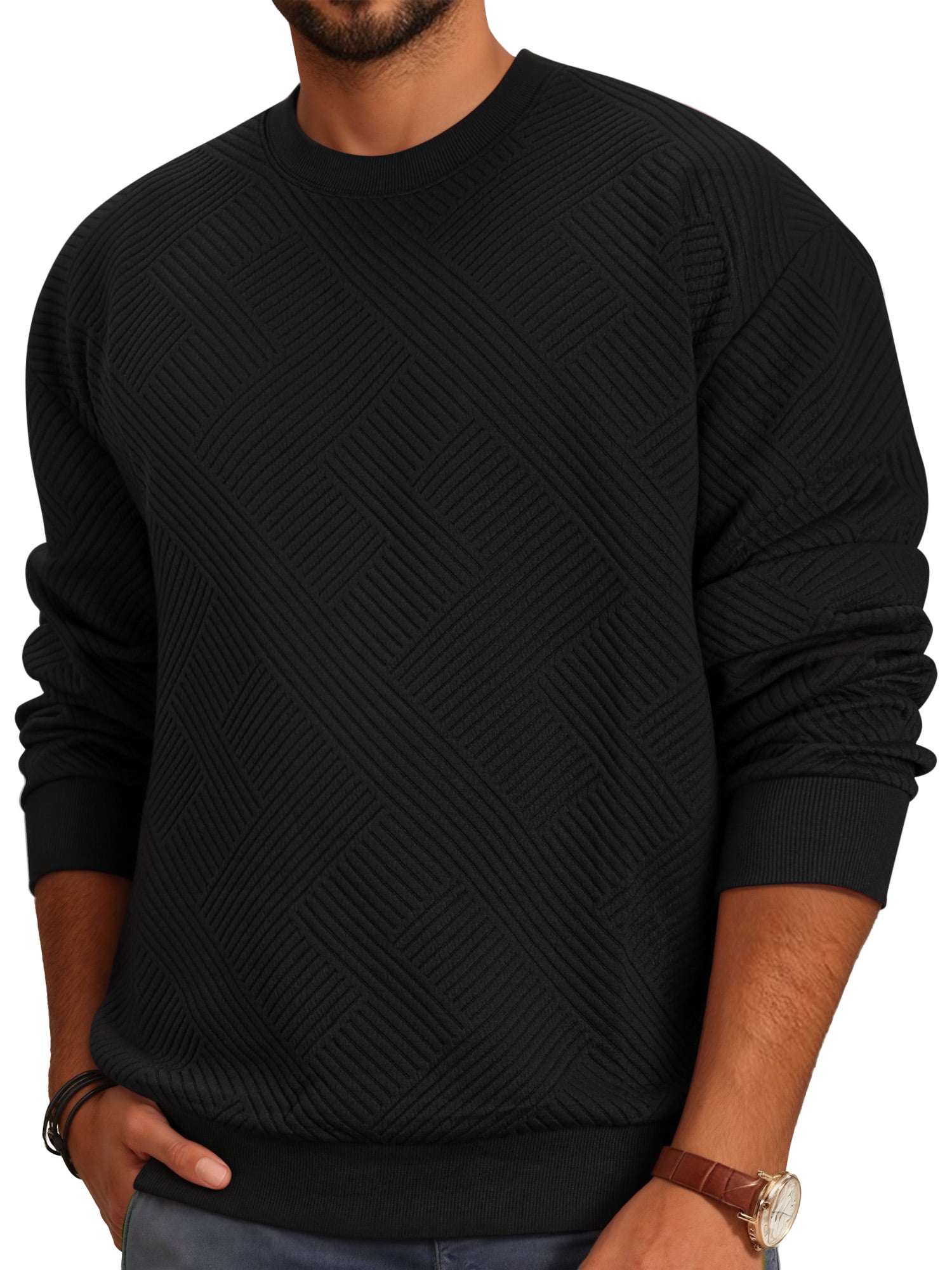 OALUXE Sweatshirts for Men Geometric Texture Pullover Long Sleeve ...