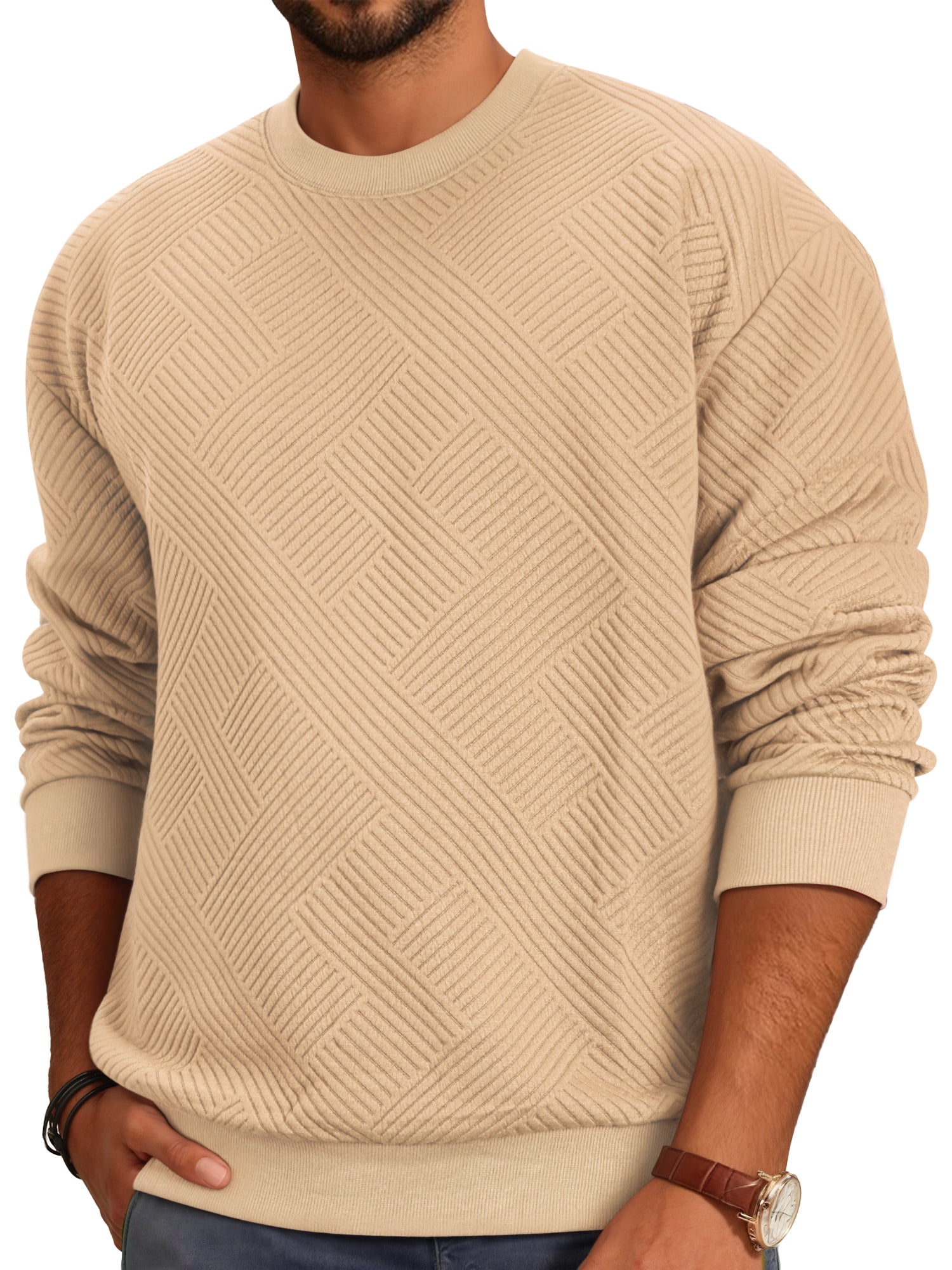 OALUXE Sweatshirts for Men Geometric Texture Pullover Long Sleeve ...