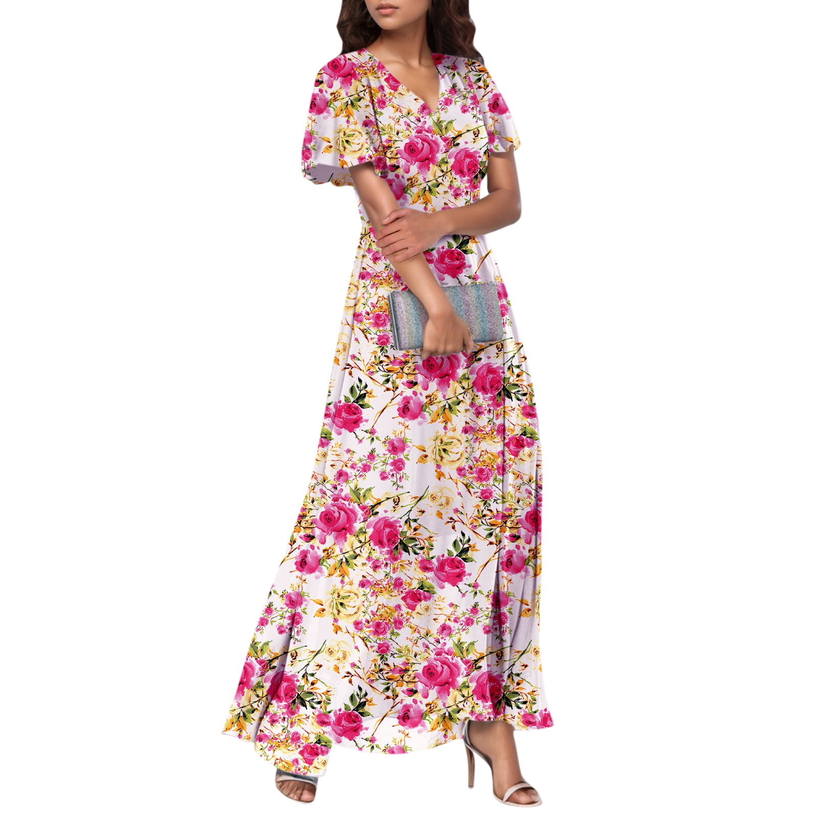 OAMDNDEA Spring Dresses for Women Beach V Neck Boho Dress Ruffle Hem ...