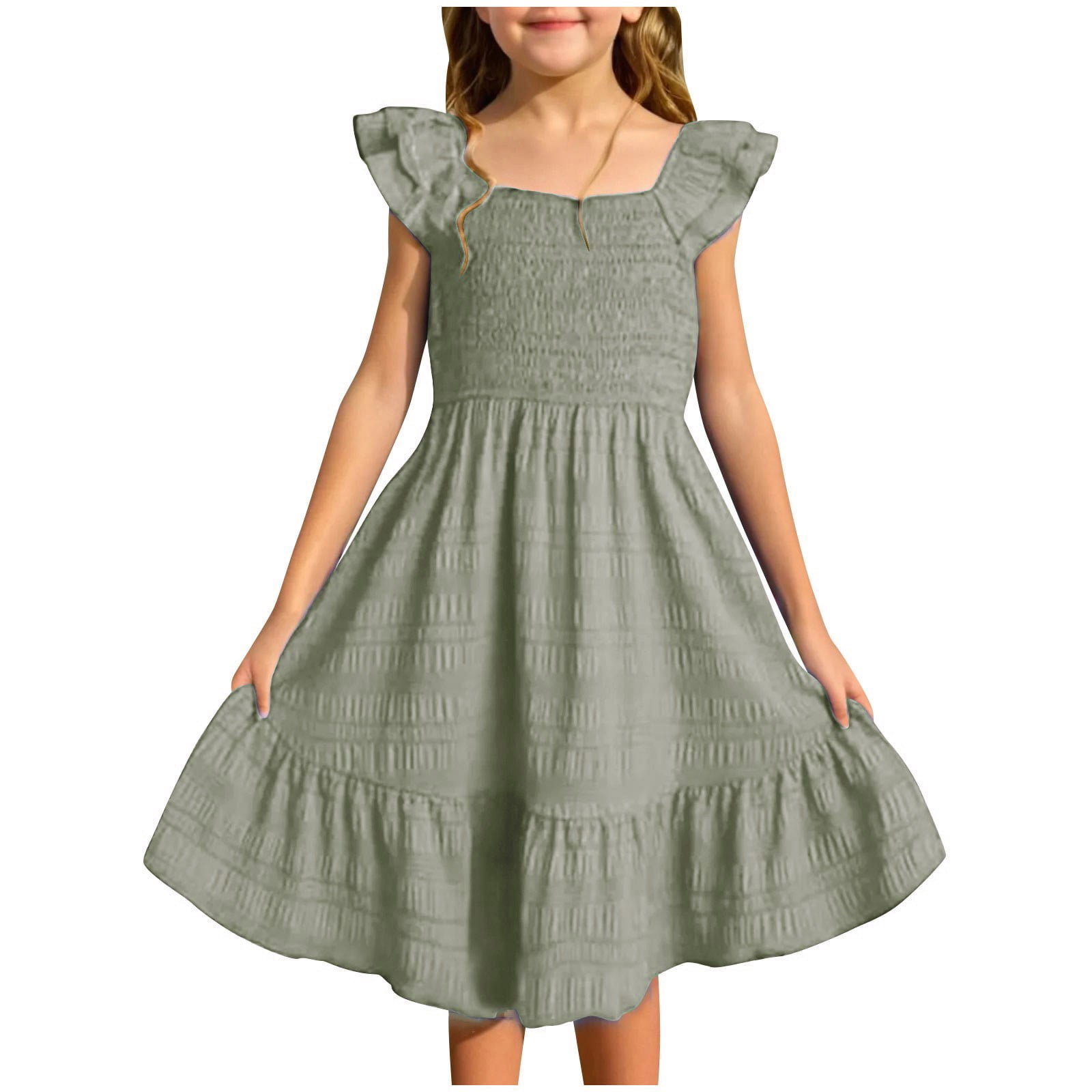 pwidon Tween Dresses Size 5-6 Smocked Ruffle Sleeve Summer Dresses ...