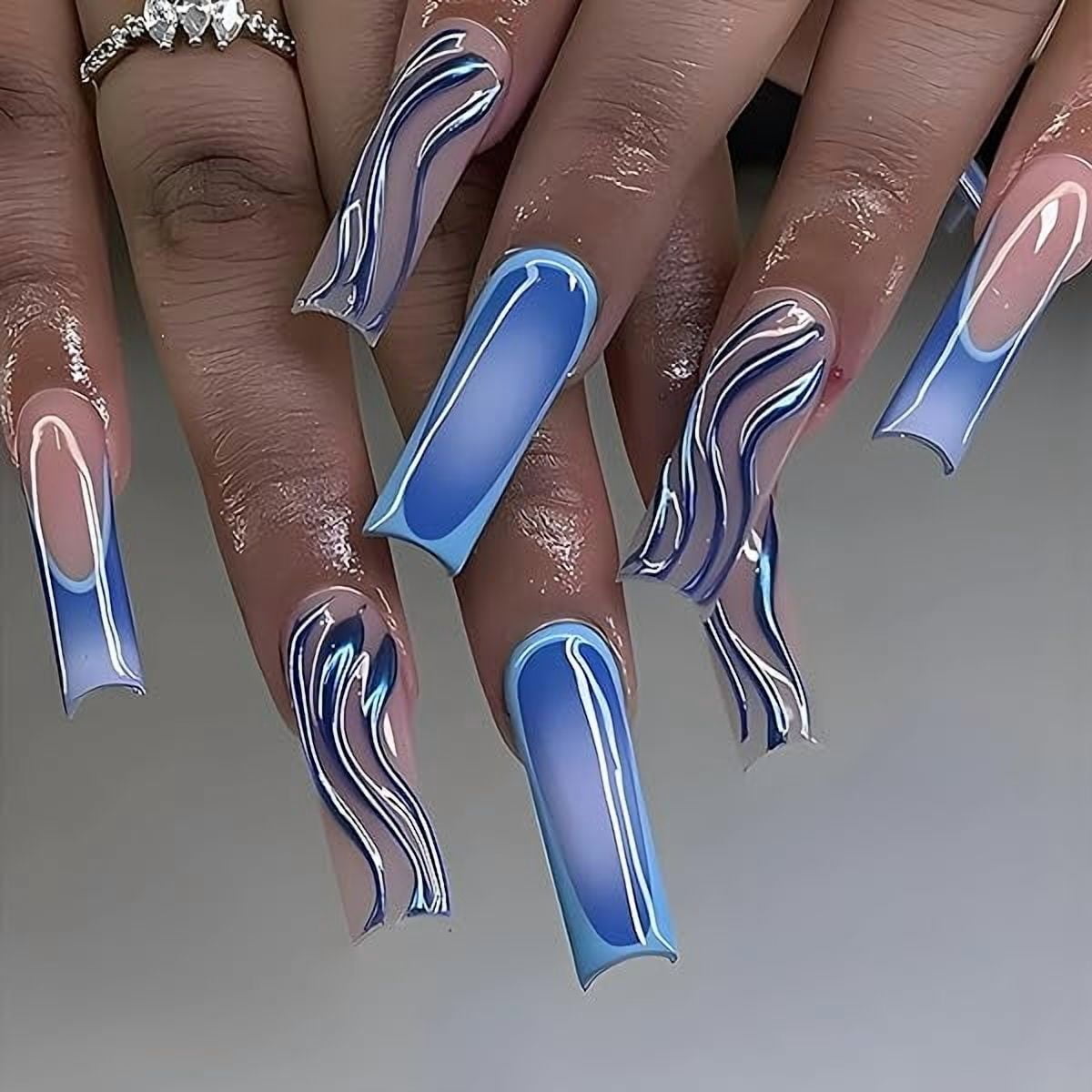OAO Long Press on Nails Square Fake Nails Blue Ocean Beach Acrylic ...