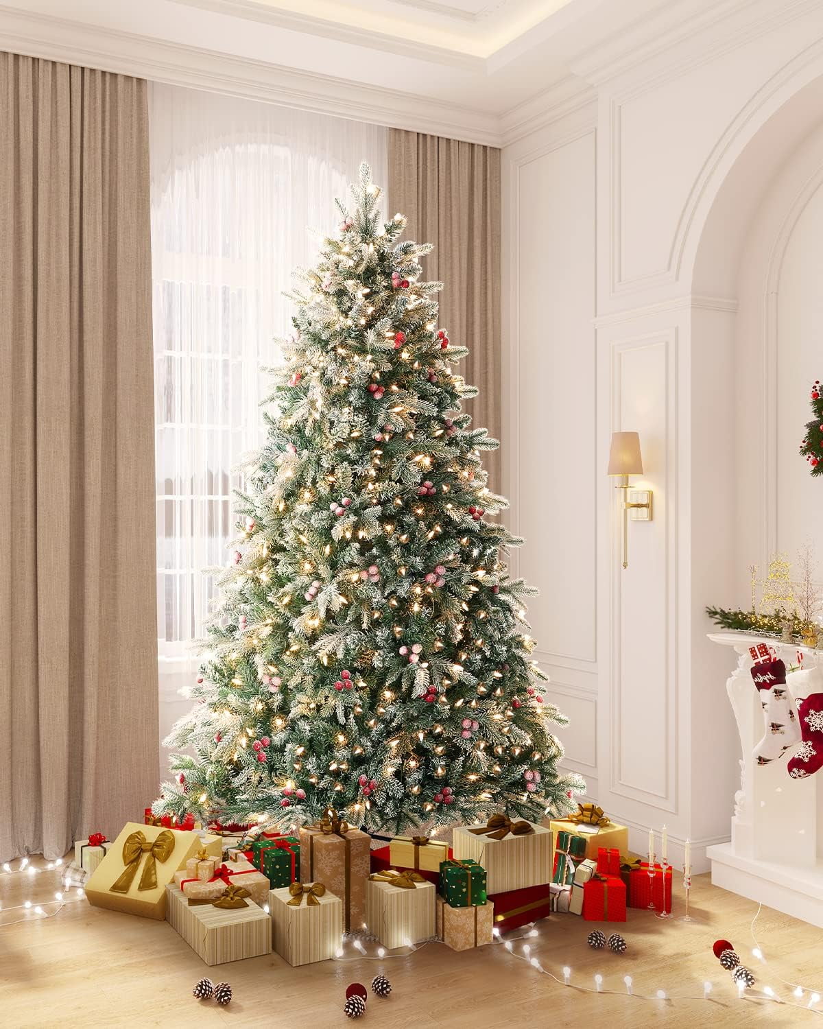 OASISCRAFT 9ft Pre-Lit Snow Flocked Christmas Tree, Realistic Feel ...