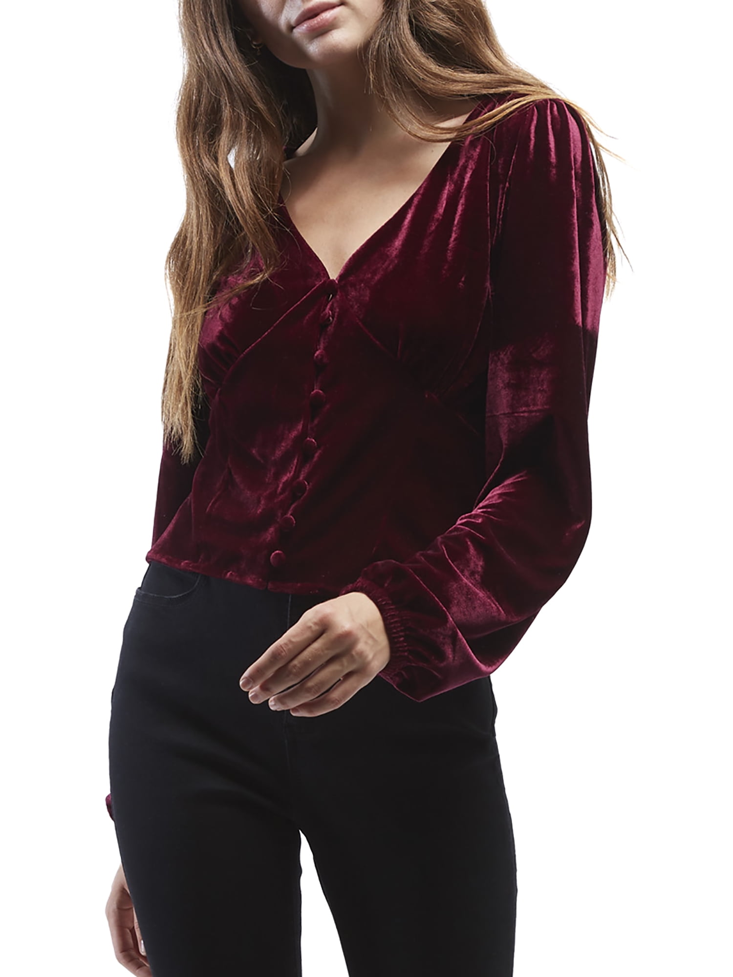 OAT New York women's Velvet V-Neck Blouse - Elastic Sleeves - Walmart.com