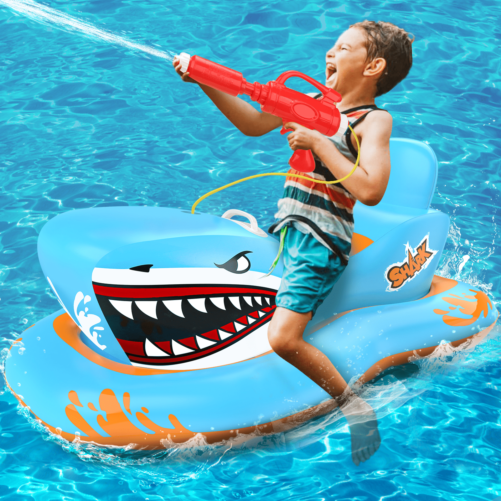 OATHX Pool Floats for Kids, Inflatable Shark Ride-on Swimming Pool Toys ...