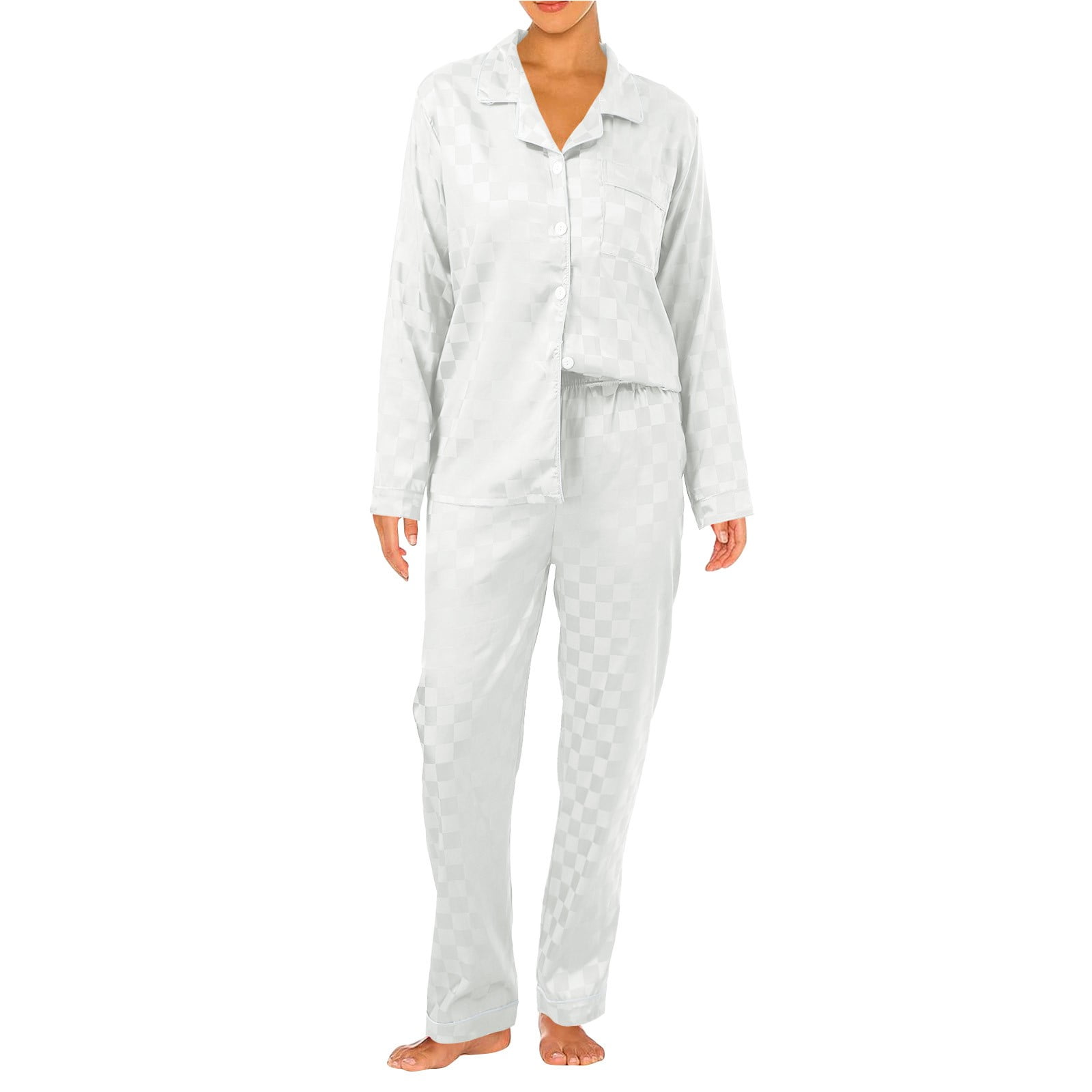 OAUP Womens Pajama Sets Ice Silk Plaid Long Lounger Sleepwear Set ...