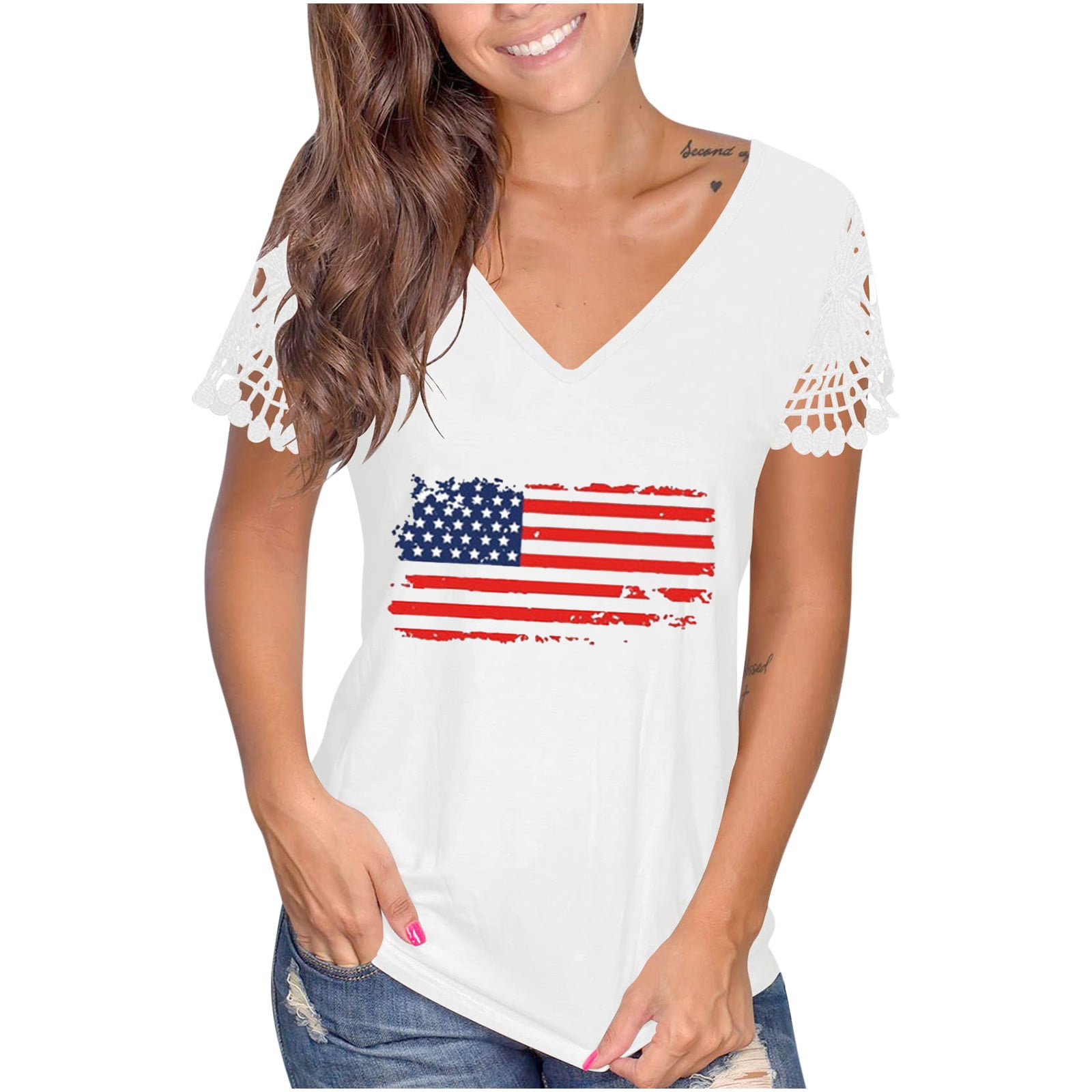 OAVQHLG3B American Flag Shirt for Women 4th of July T-Shirt Patriotic T-Shirts Women's Summer V ...
