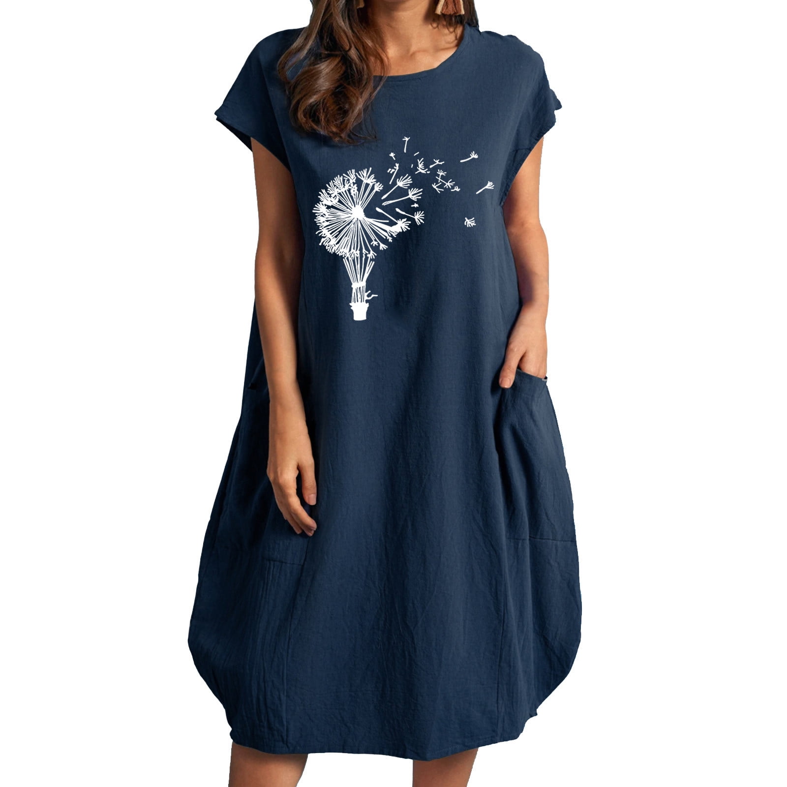 OAVQHLG3B Crewneck Dandelion Pocket Dress for Women Short Sleeve Midi ...
