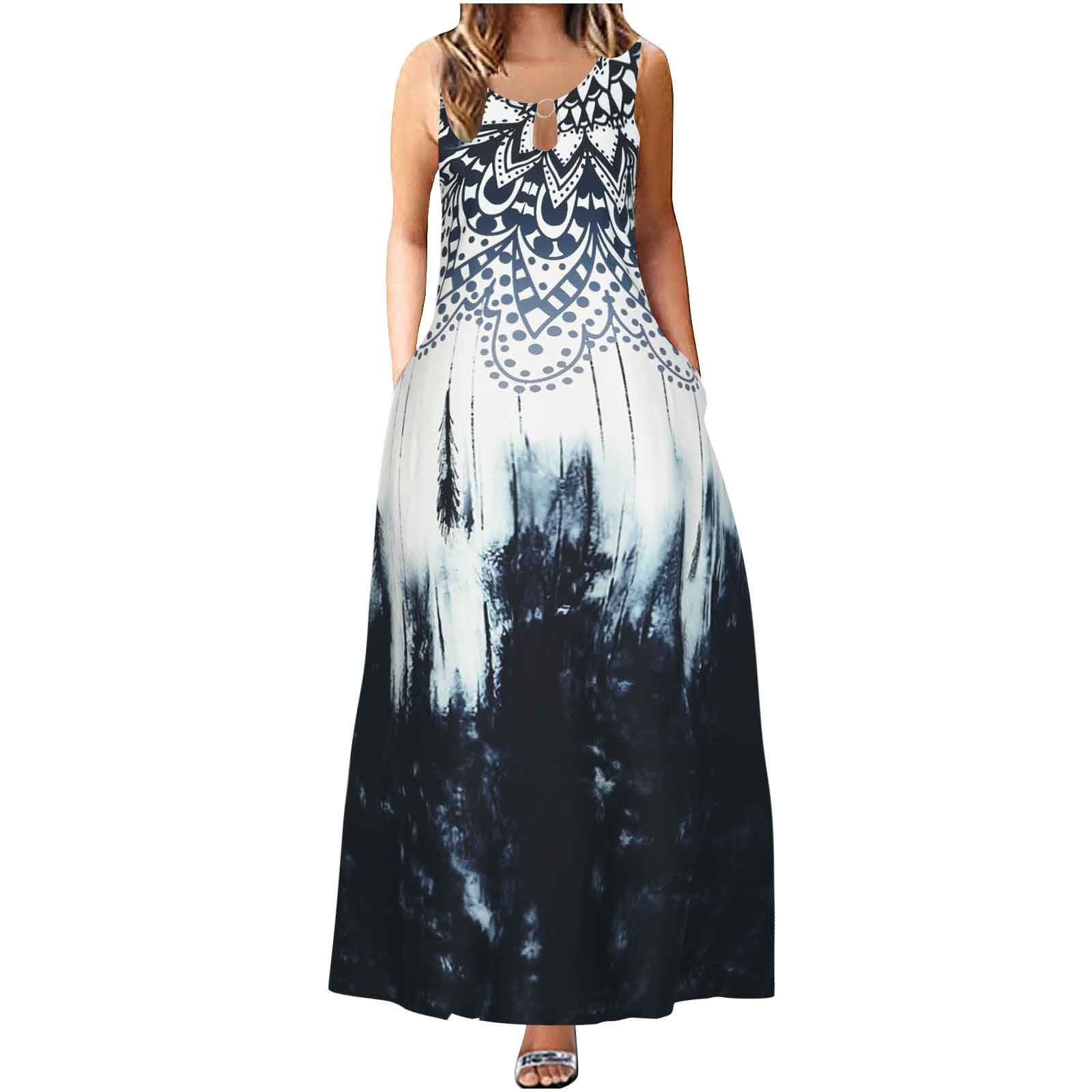 OAVQHLG3B Crewneck Floral Patchwork Dress for Women Sleeveless Ankle ...