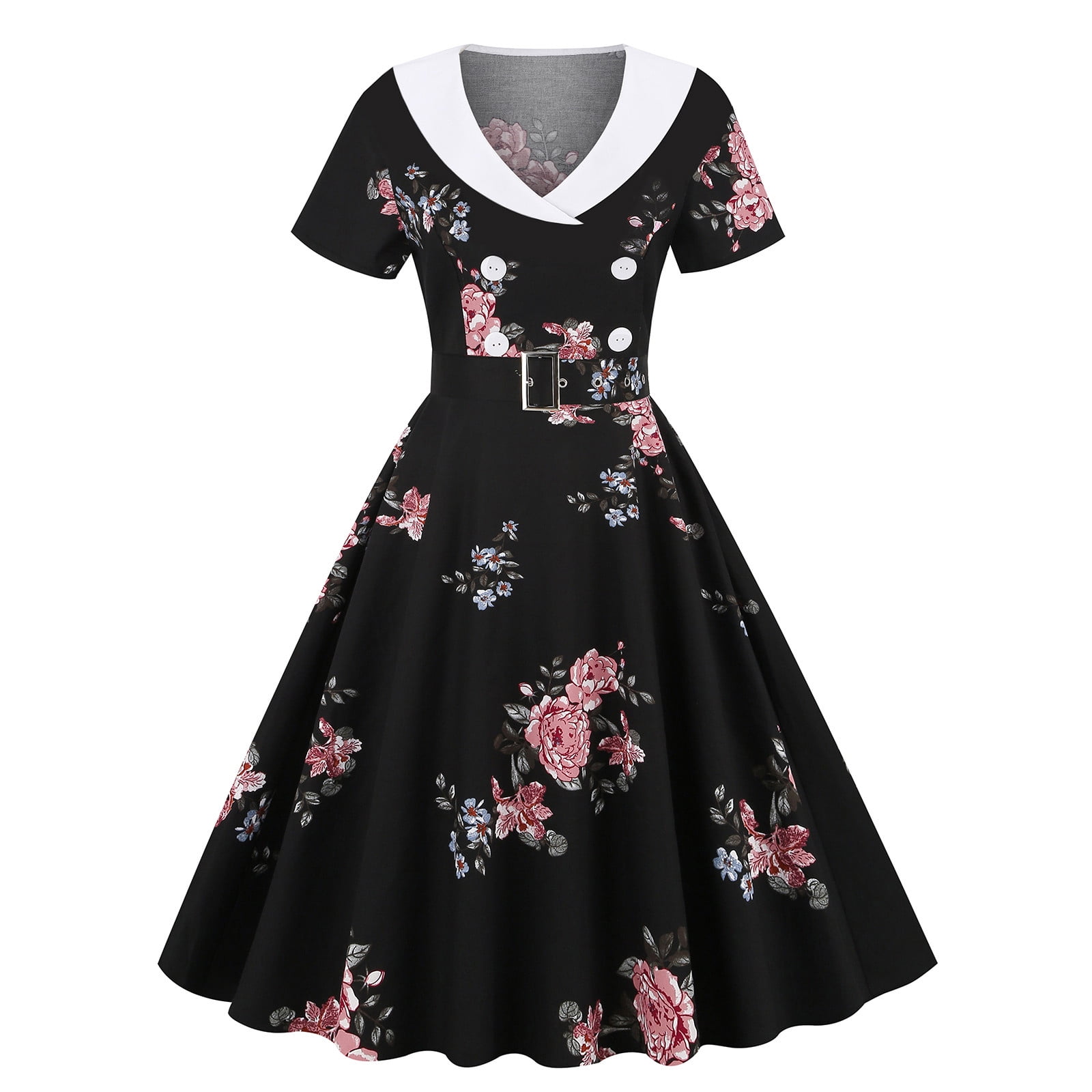 OAVQHLG3B Floral Sashes Belt V-Neck Women's Dresses Pleated Mini Short ...