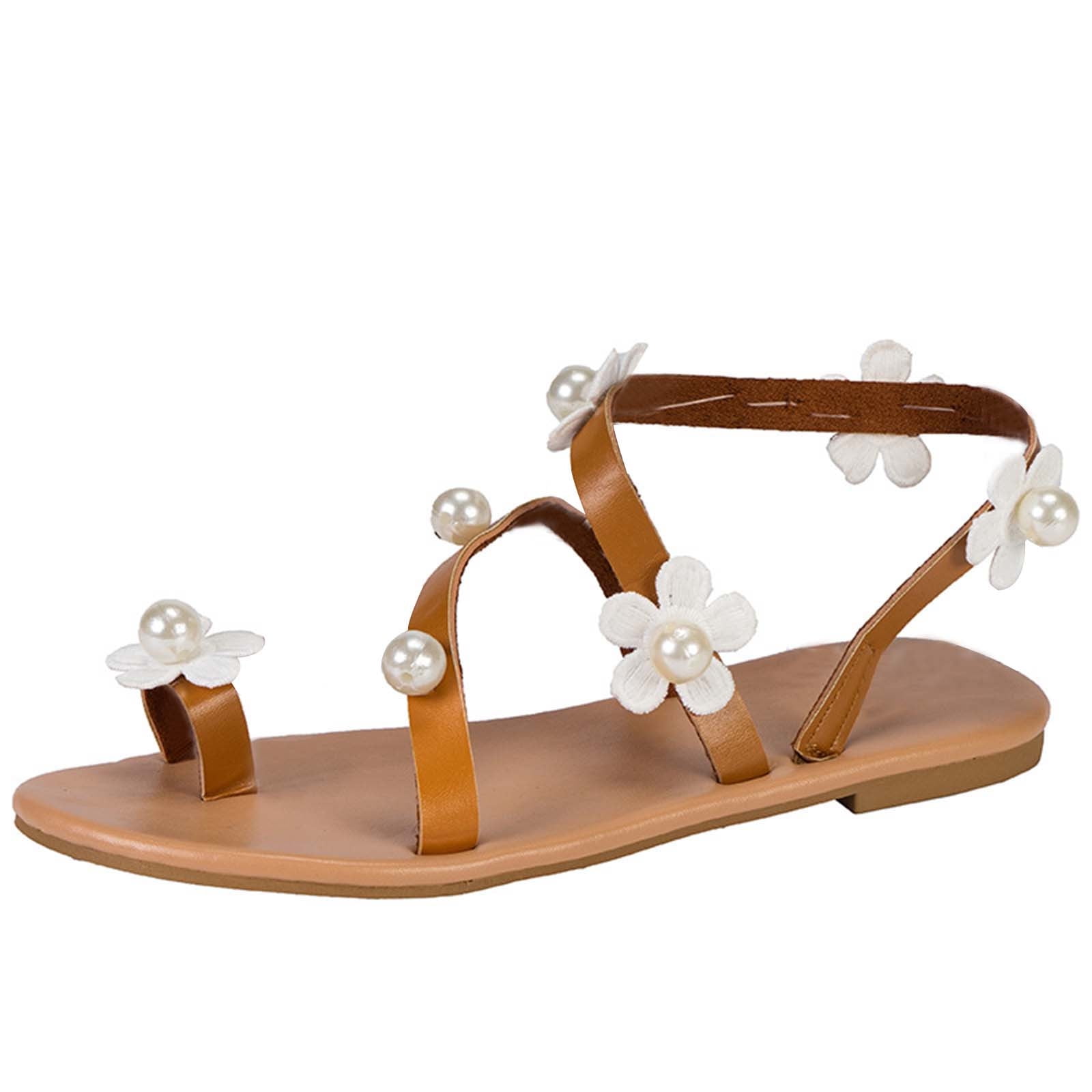 OAVQHLG3B Sandals for Women Flower Embellished Toe Ring Beaded Flat ...