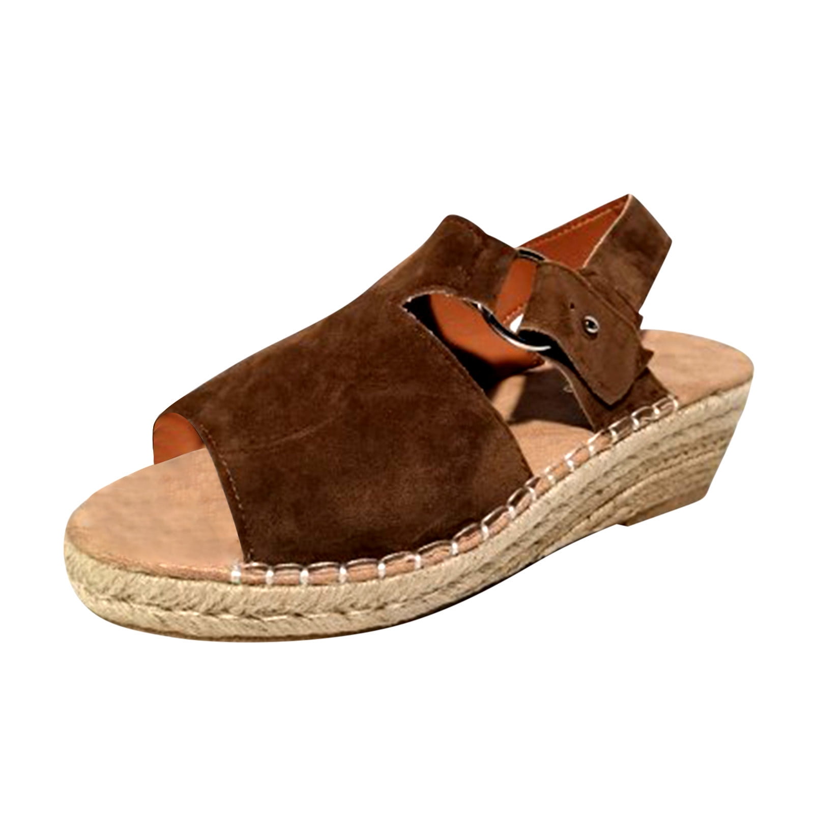 OAVQHLG3B Women's Casual Vintage Buckle Hemp Rope Sole Wedge Open Toe ...