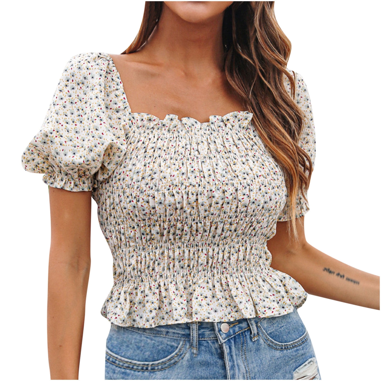 OAVQHLG3B Women's Ditsy Floral Puff Short Sleeve Square Neck Shirred ...