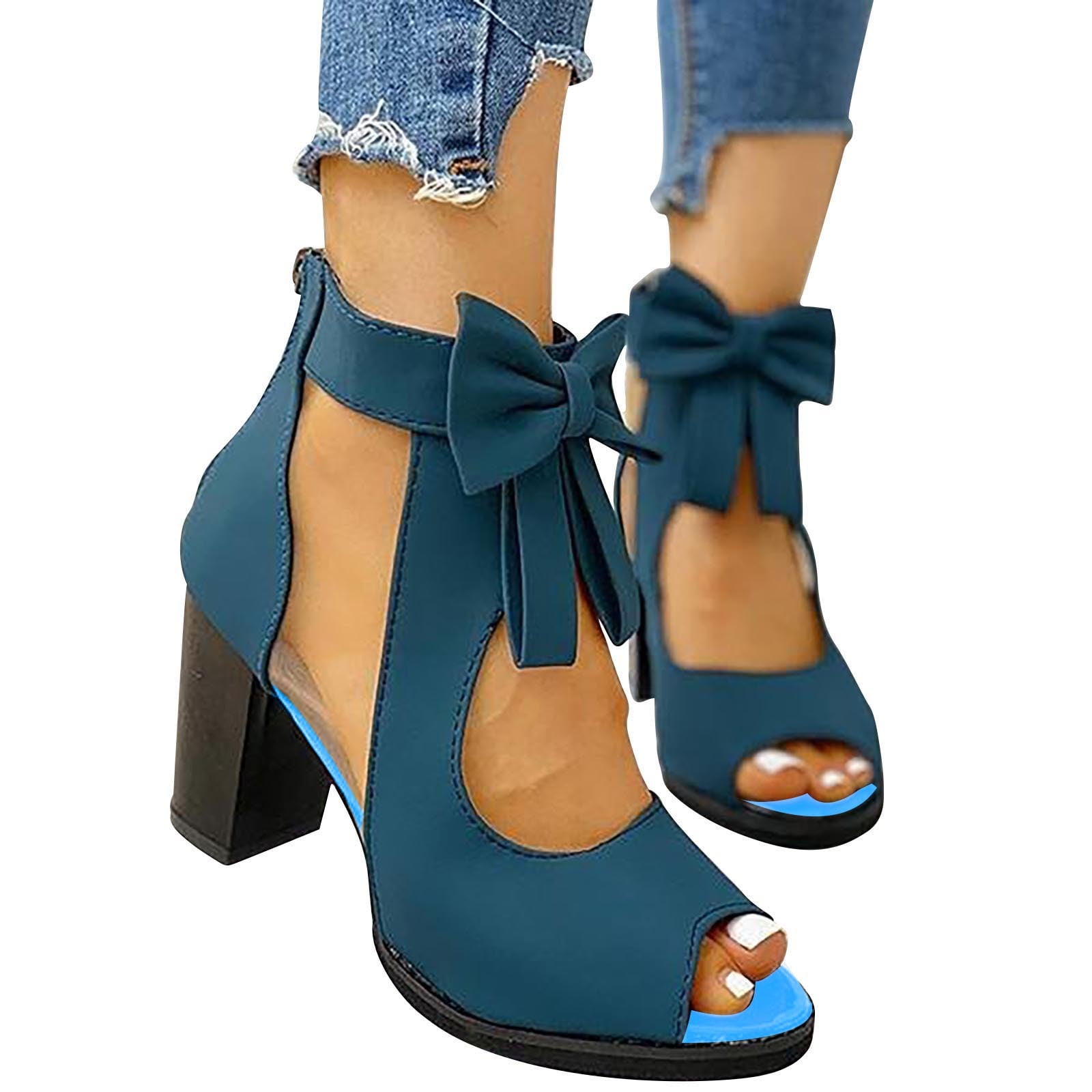 OAVQHLG3B Women's Sandals on Clearance Bow Sandals Middle Heel Chunky ...
