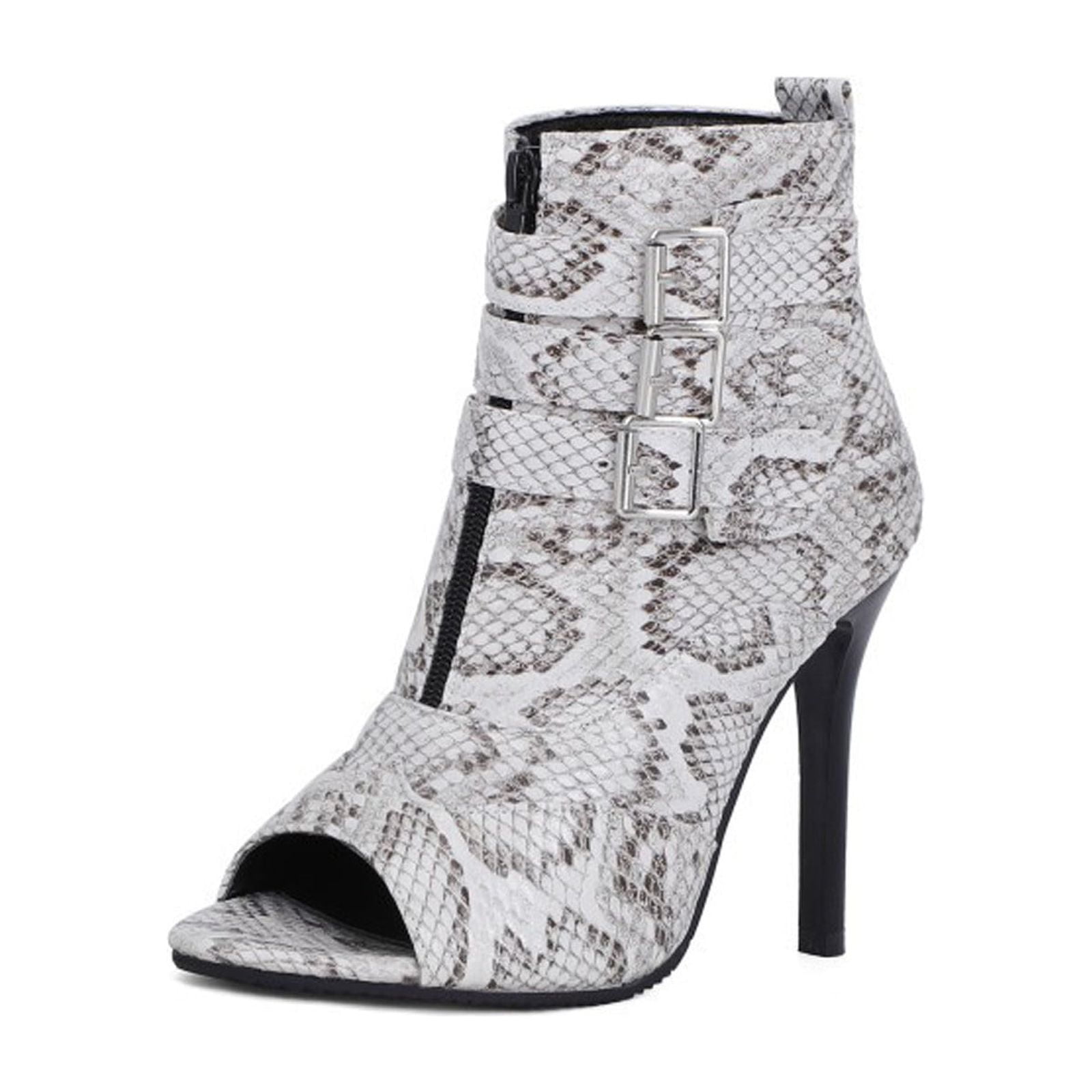 OAVQHLG3B Women's Front Zipper High Heel Belt Buckle Fish Mouth Open ...