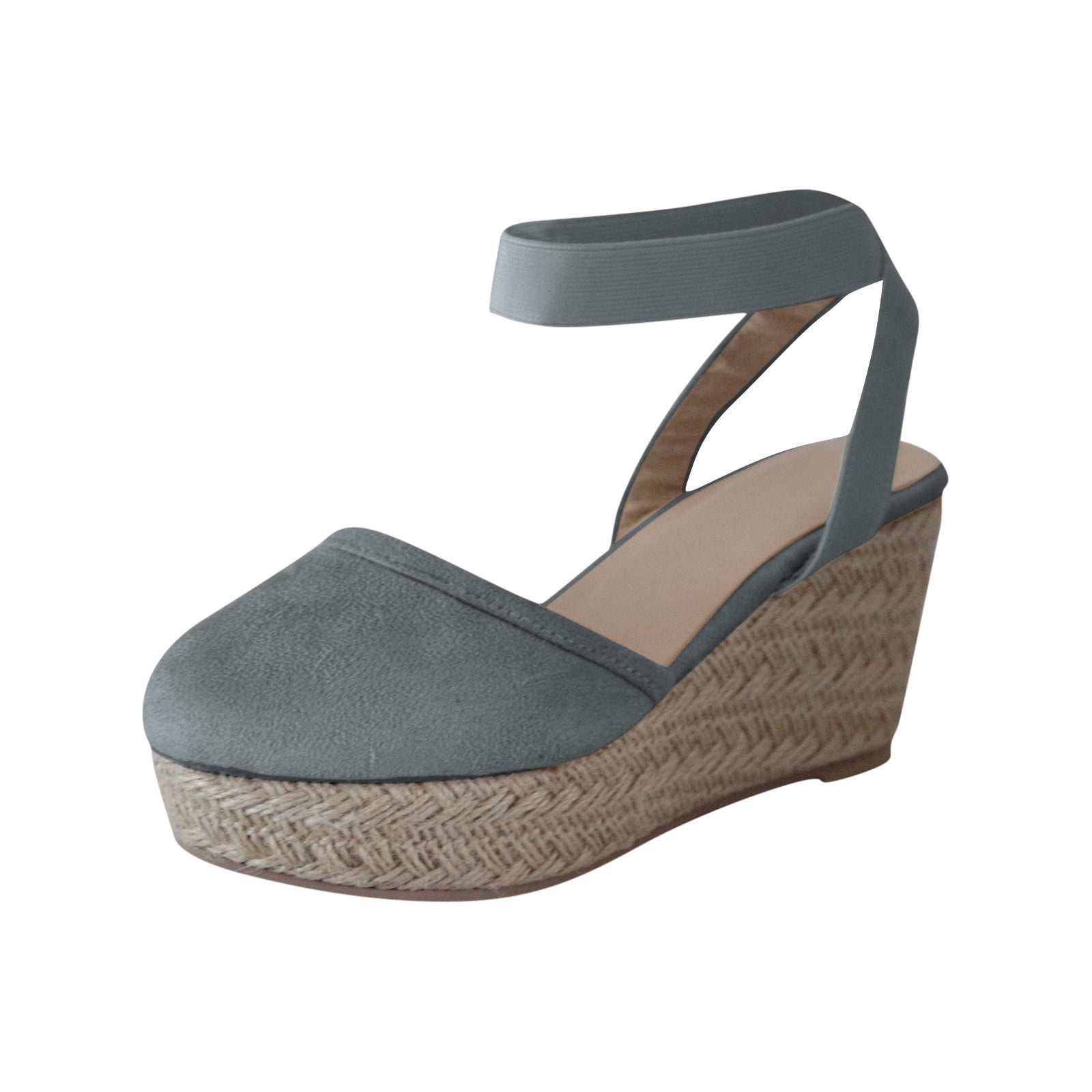 OAVQHLG3B Women's Suede Casual Elastic Band Platform Straw Woven Wedge ...