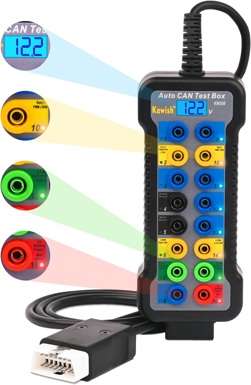 OBD2 Breakout Box Auto OBDII Protocol Detector 16-Pin CAN Bus Test ...