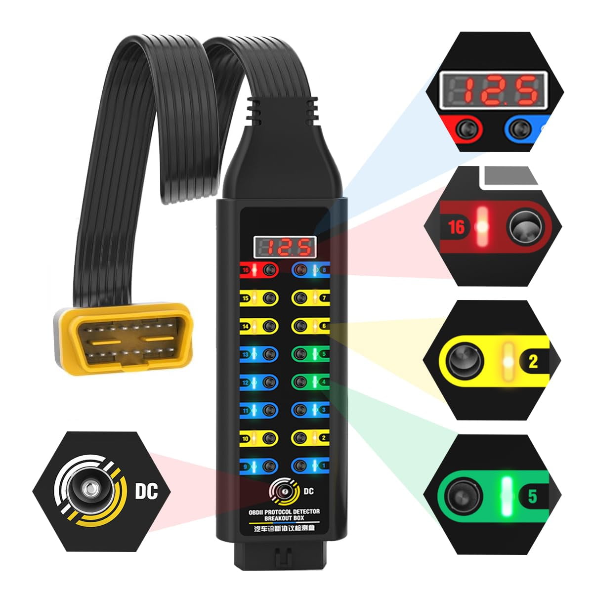 OBD2 Breakout Box Automotive Advanced OBDII Protocol Detector with LCD Display & LED Indicator ...