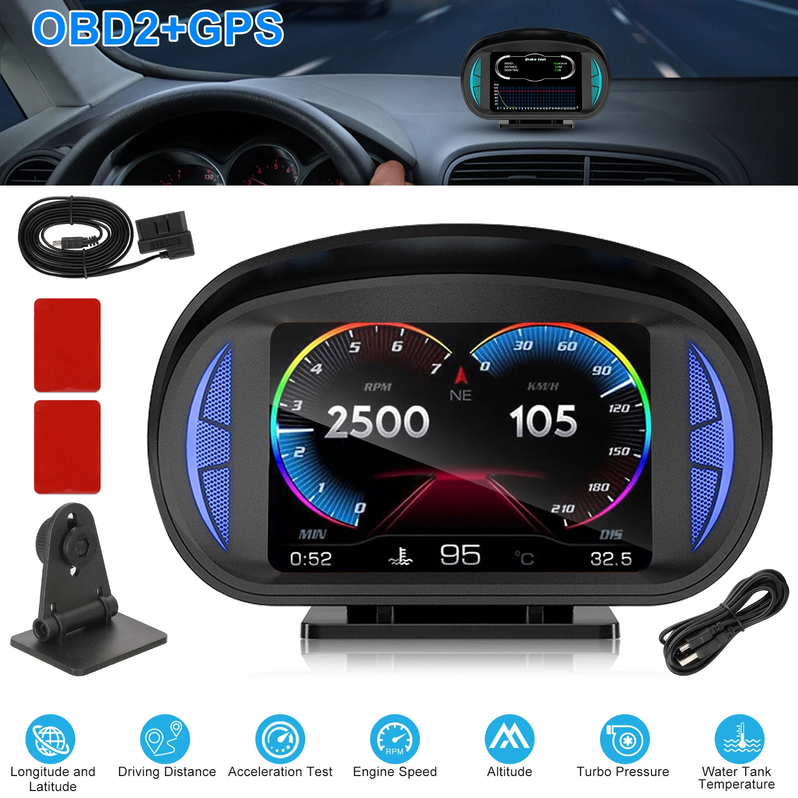 OBD2+GPS HUD Gauge Car Digital Head Up Display Speedometer Turbo RPM ...