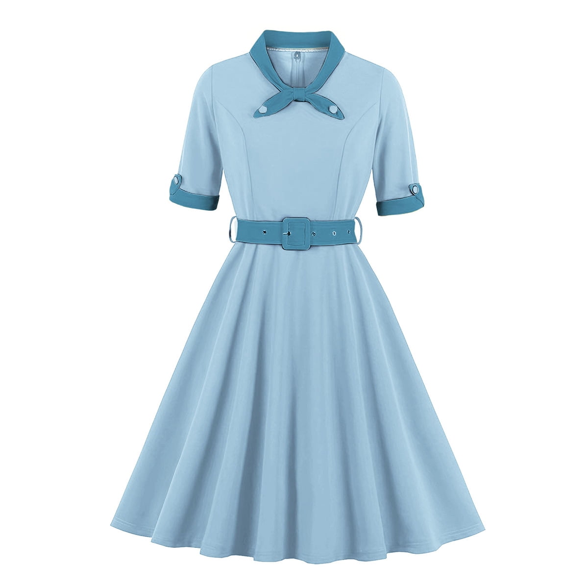 OBEEII 40s 50s Retro Dress for Women Short Sleeve Tie Neck Swing Midi ...