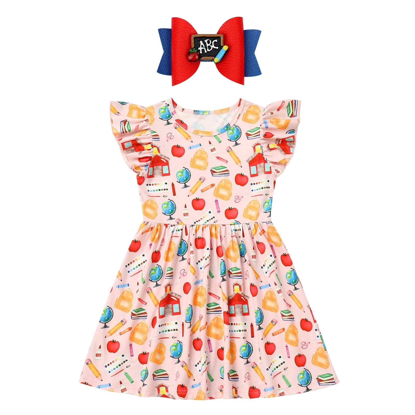 OBEEII Back to School Dress for Girls Toddle Kids Flutter Sleeve Casual ...
